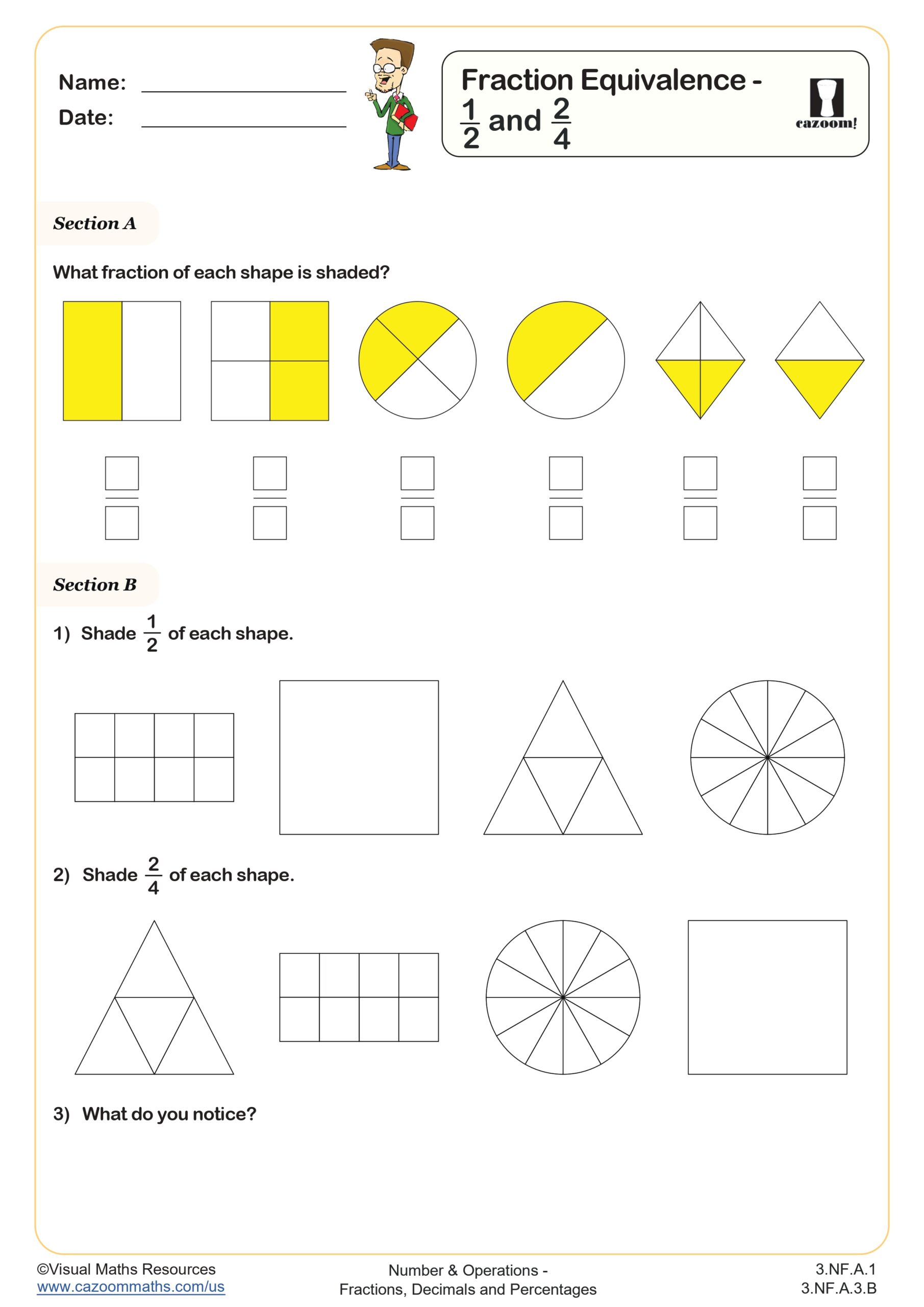 Fraction Equivalence - 1/2 and 2/4 Worksheet | Fun and Engaging 3rd ...