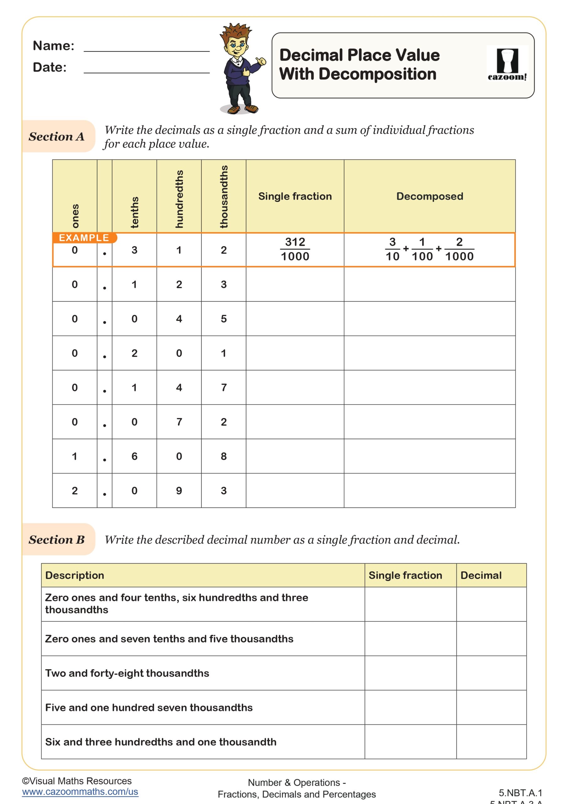 Decimal Place With Decomposition Worksheet | Fun and Engaging 5th Grade ...