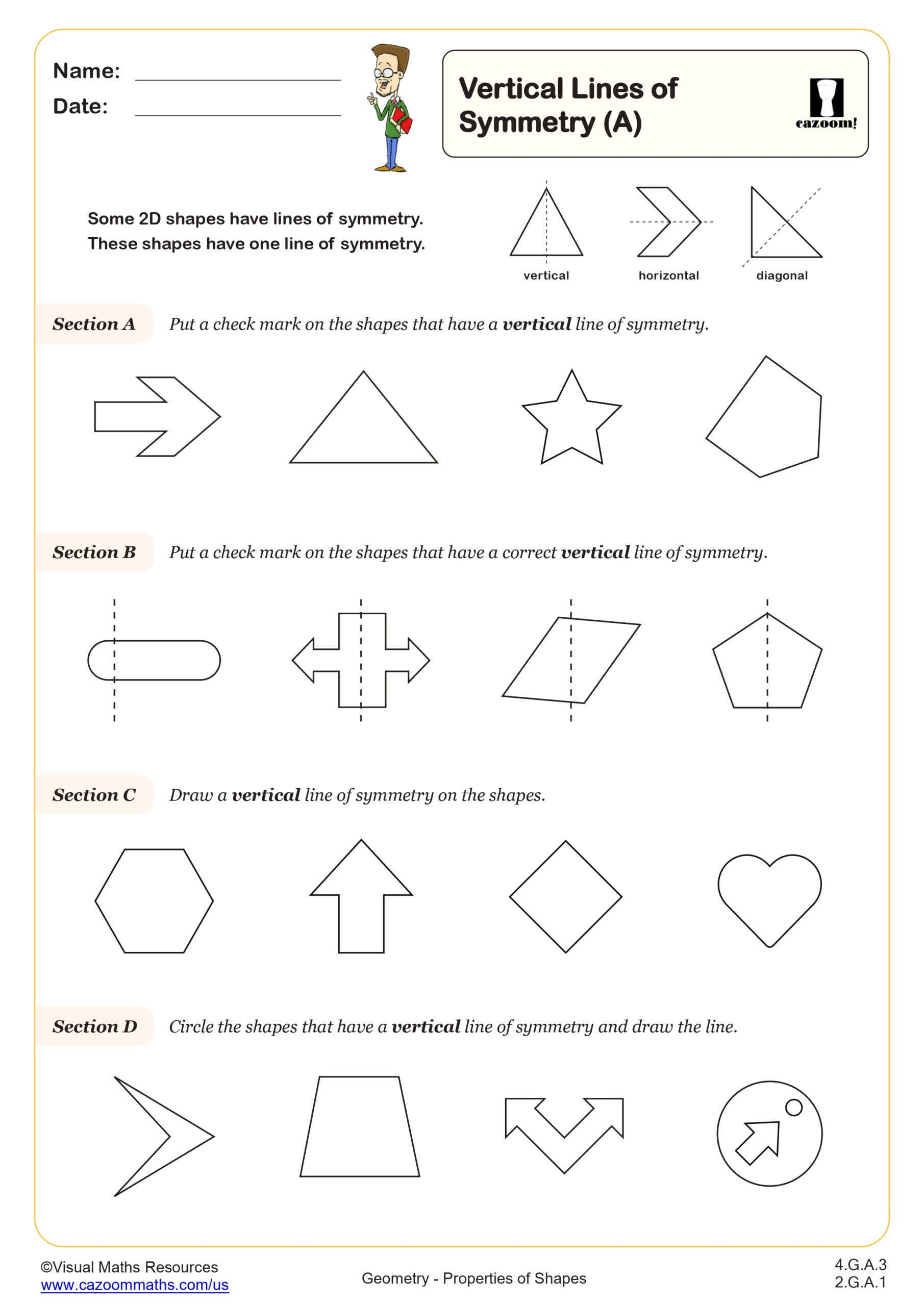 Vertical Lines of Symmetry (A) Worksheet | Fun and Engaging 2nd Grade ...
