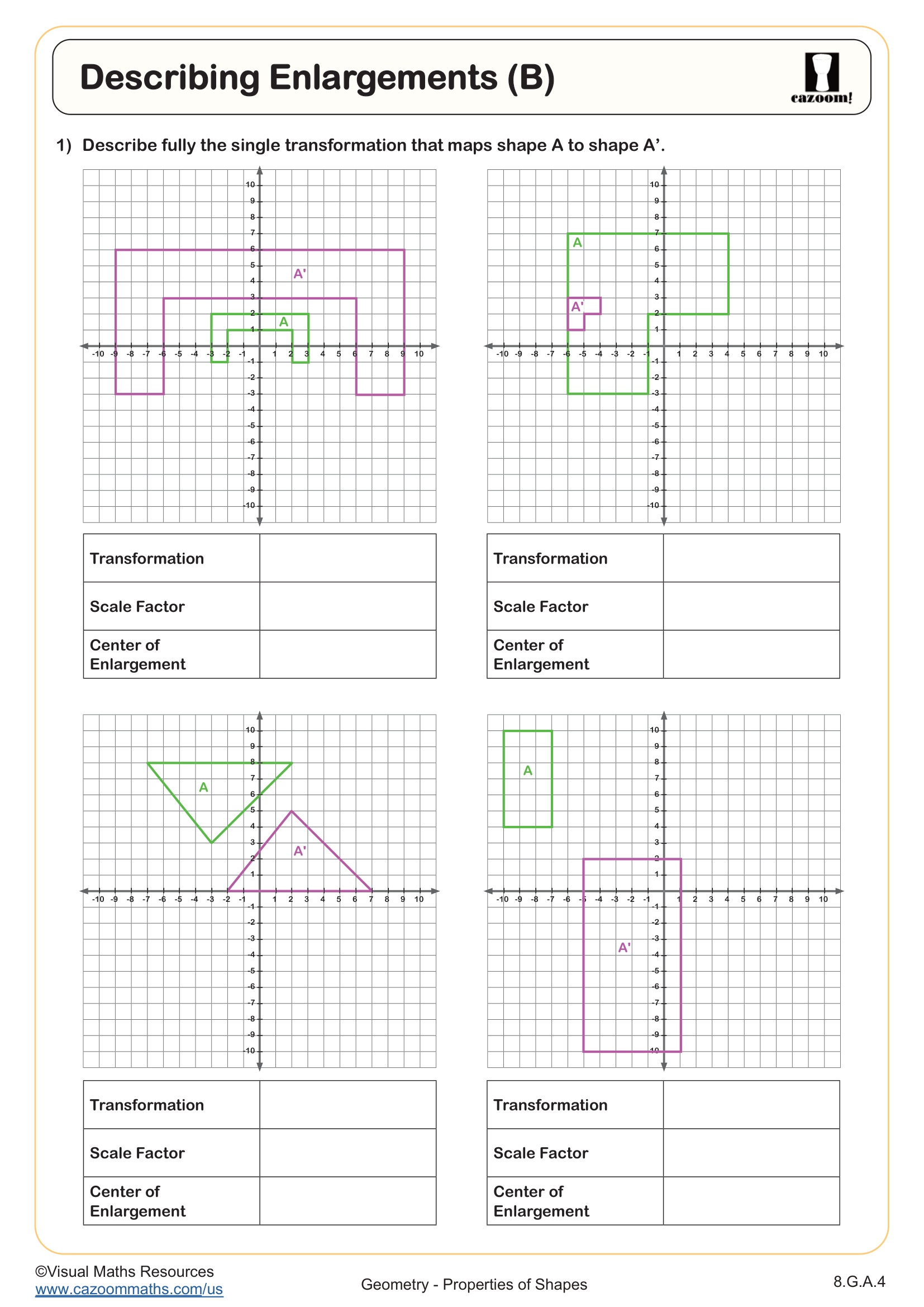 Describing Enlargements (B) Worksheet | Fun and Engaging 8th Grade ...
