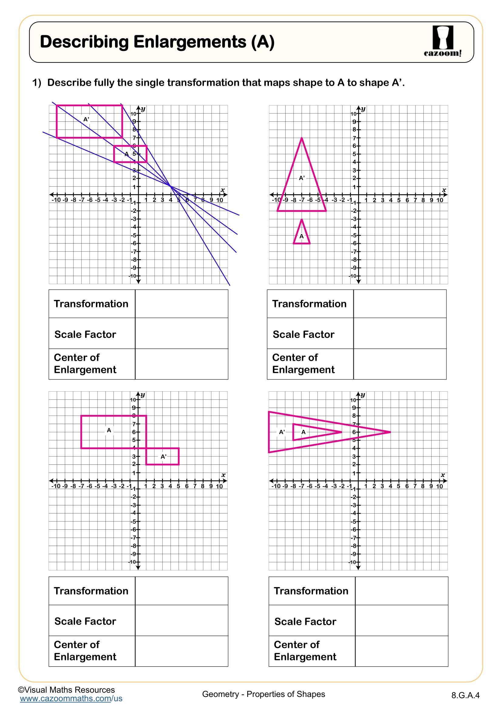 Describing Enlargements (A) Worksheet | Fun and Engaging 8th Grade ...