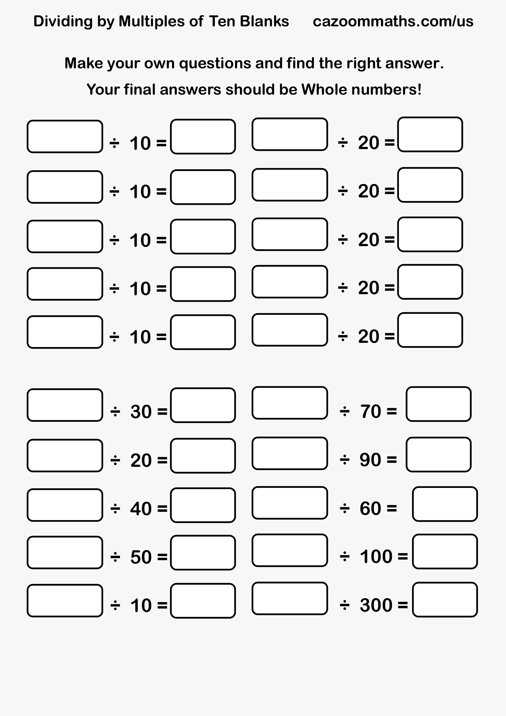 Dividing by Tens Blanks | FREE Teaching Resources