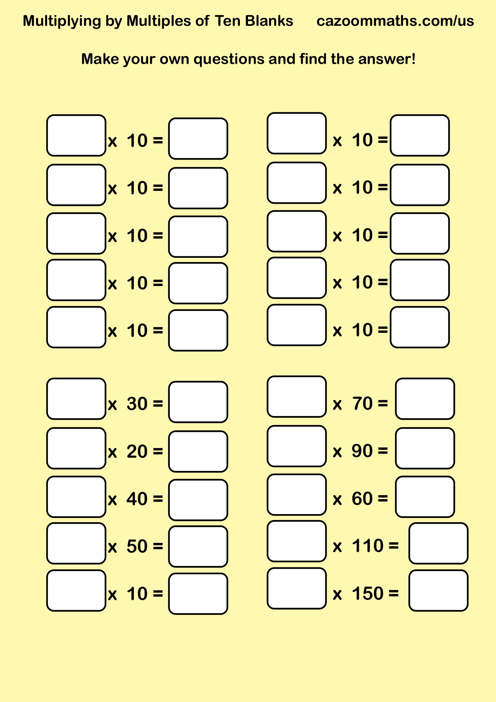 Multiplying by Ten Blanks | FREE Teaching Resources