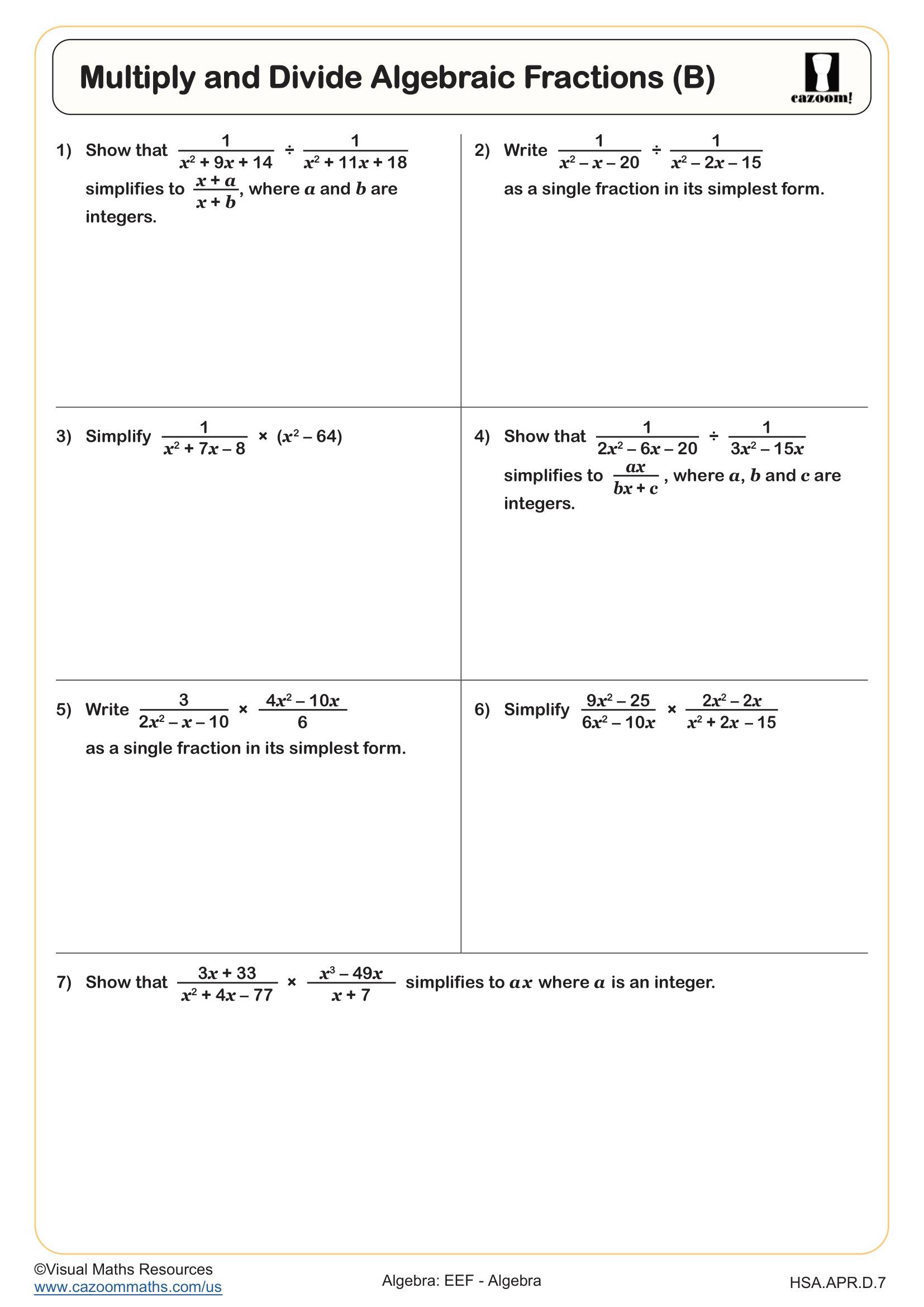 Simplify Algebraic Fractions B Worksheet Fun And Engaging Algebra I
