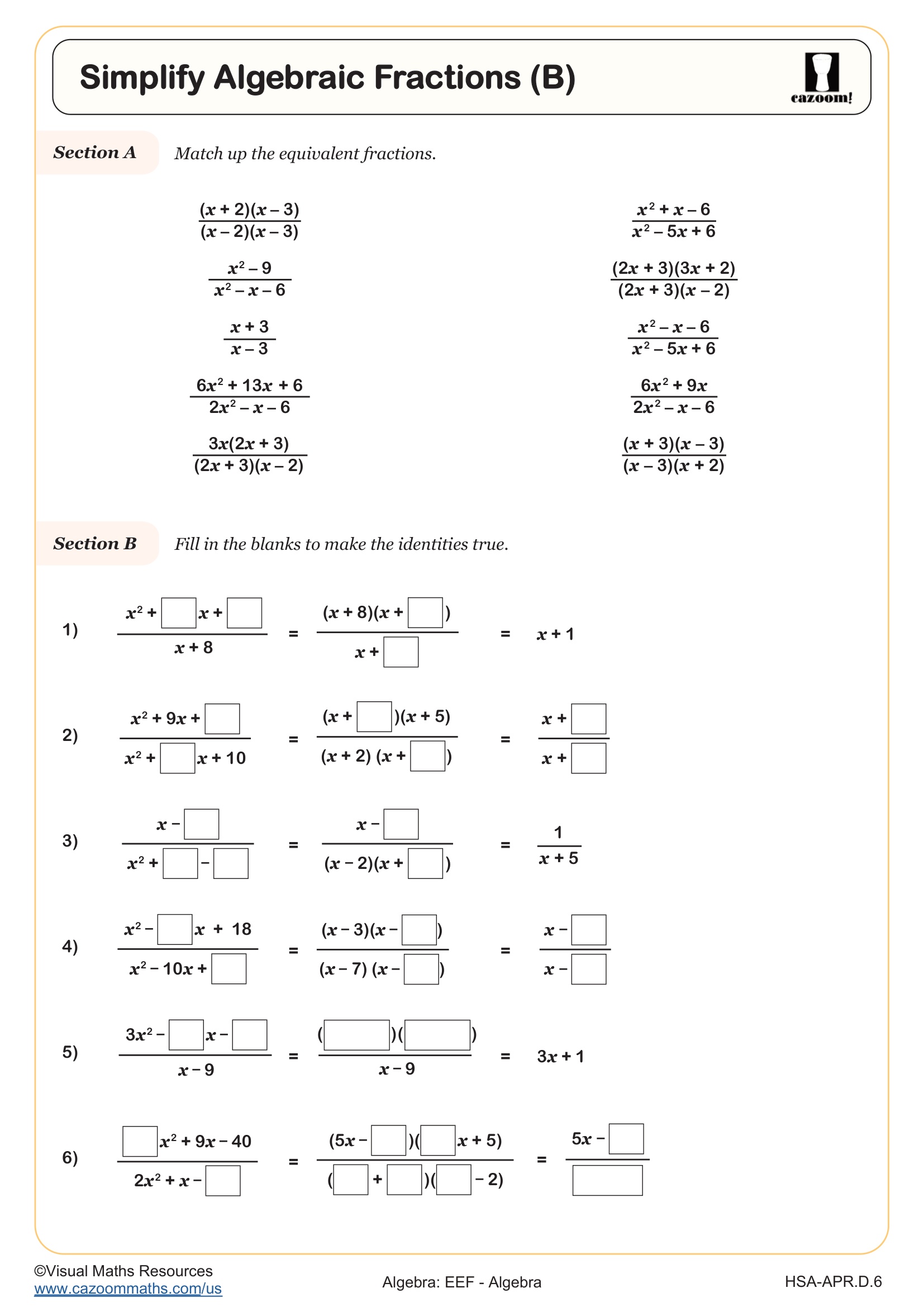 Simplify Algebraic Fractions (B) Worksheet | Fun and Engaging Algebra I ...