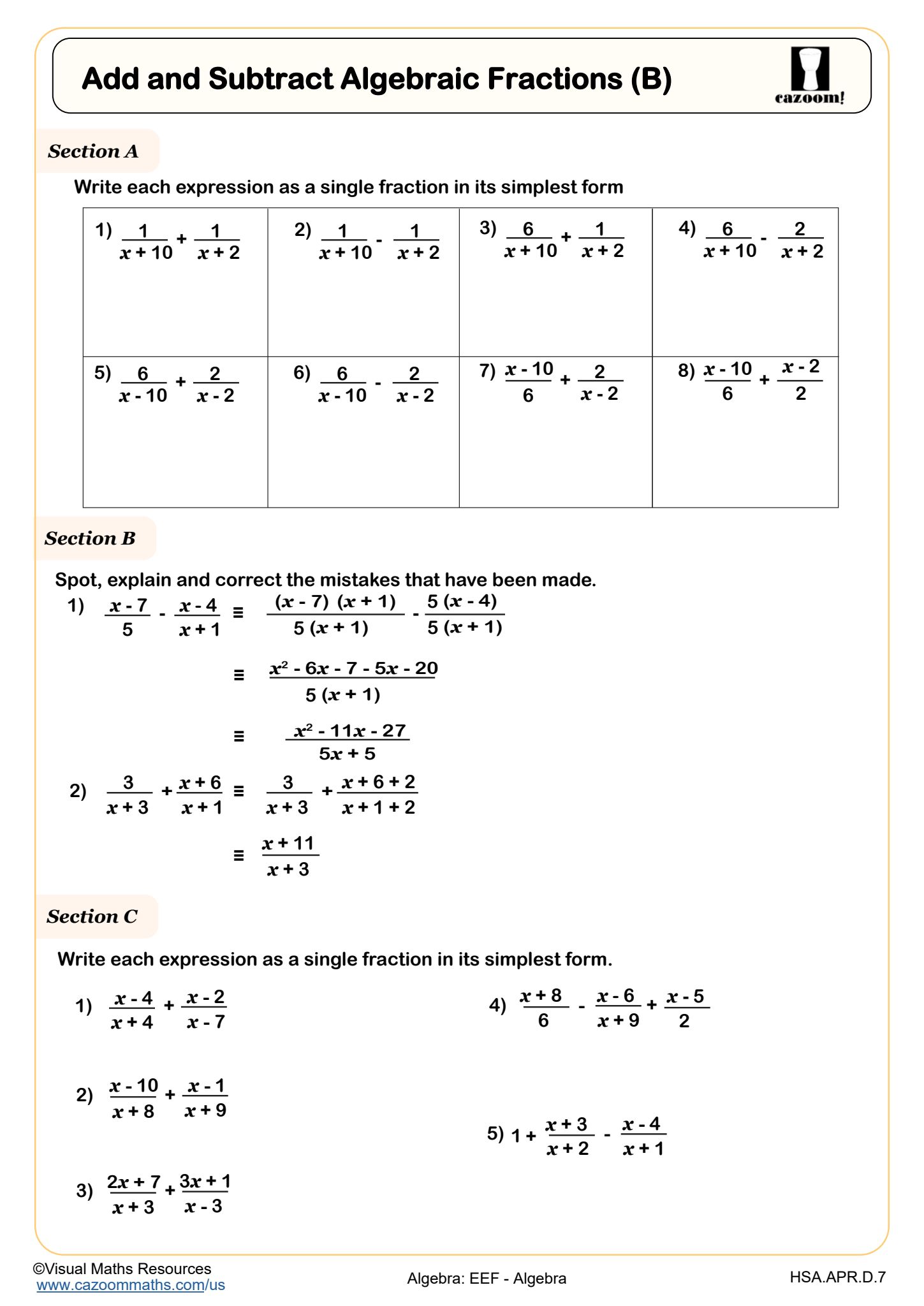 Add and Subtract Algebraic Fractions (B) Worksheet | Fun and Engaging ...