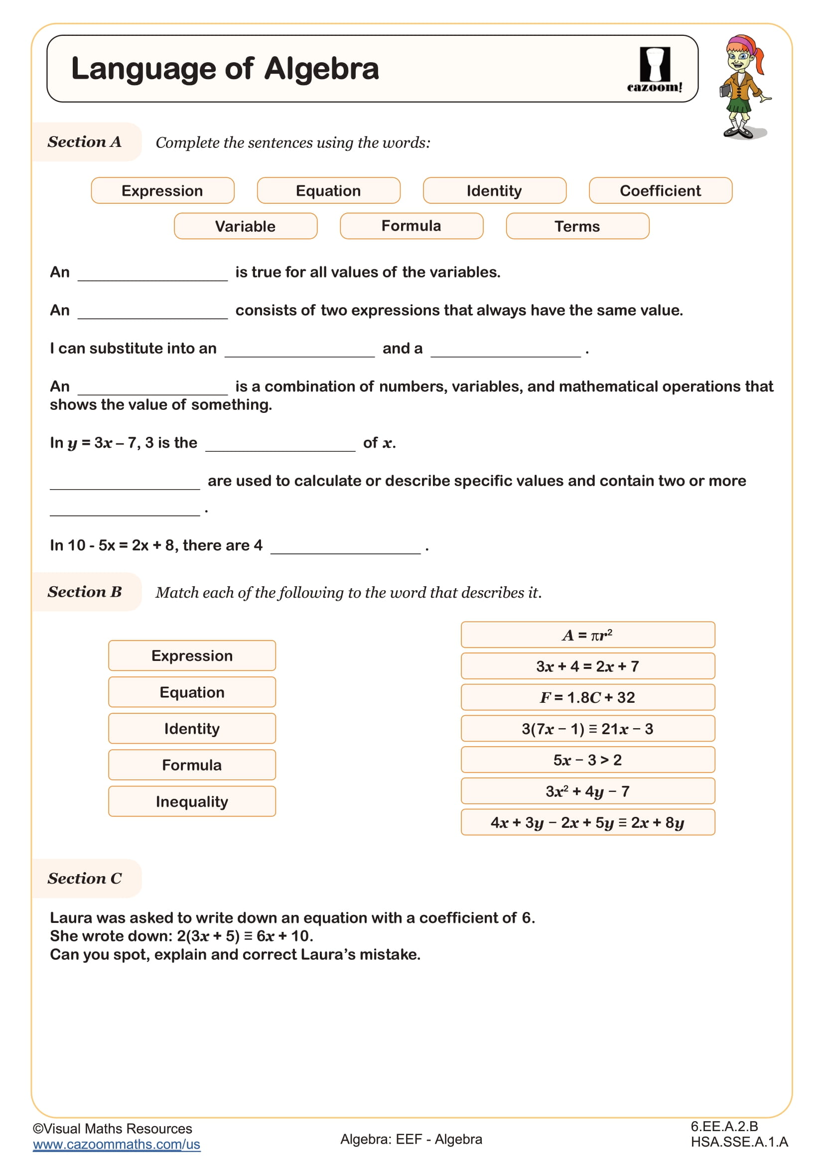 Language of Algebra Worksheet | Fun and Engaging 6th Grade and ...