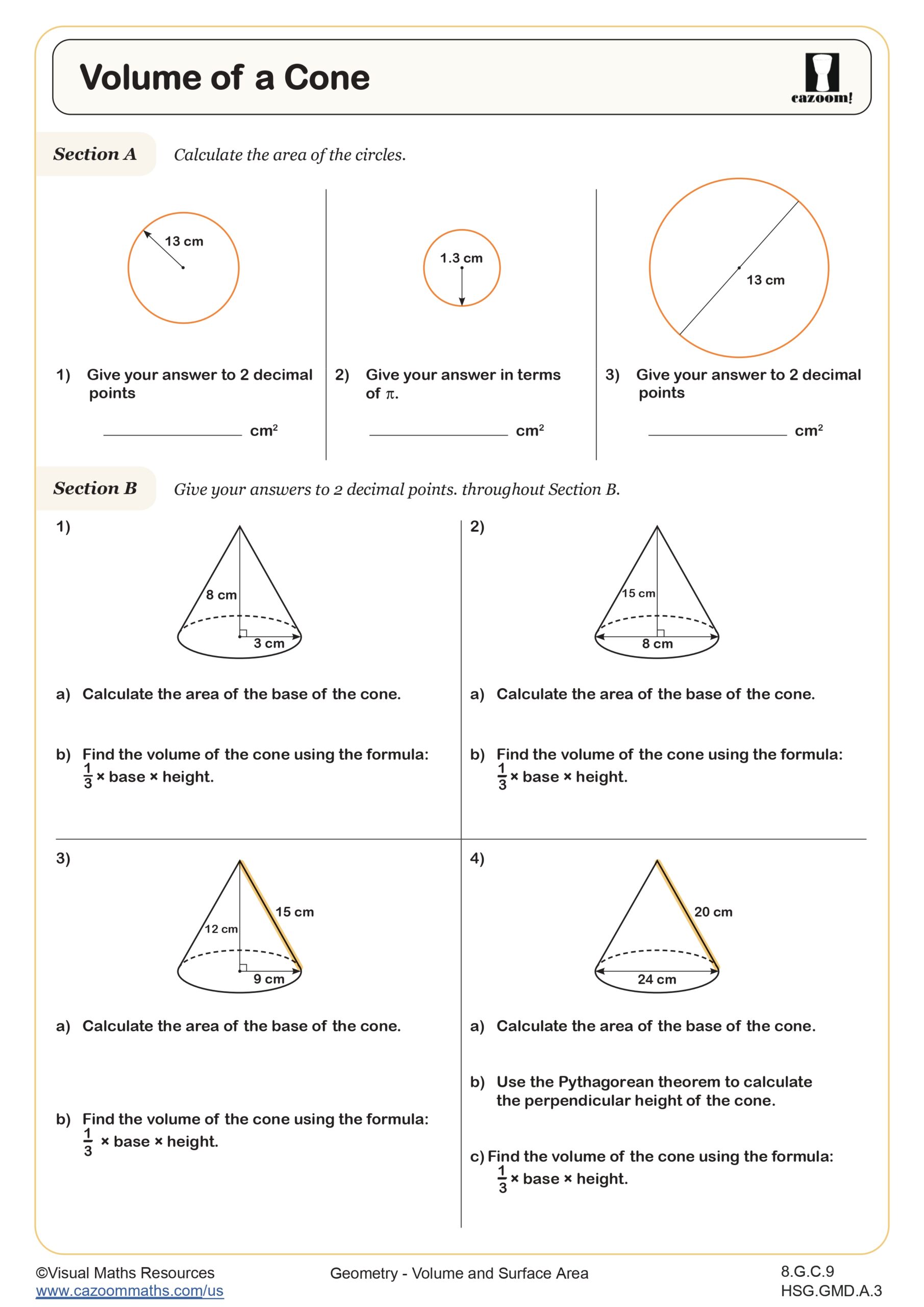 Volume of a Cone Worksheet | Fun and Engaging 8th Grade Math I Geometry ...