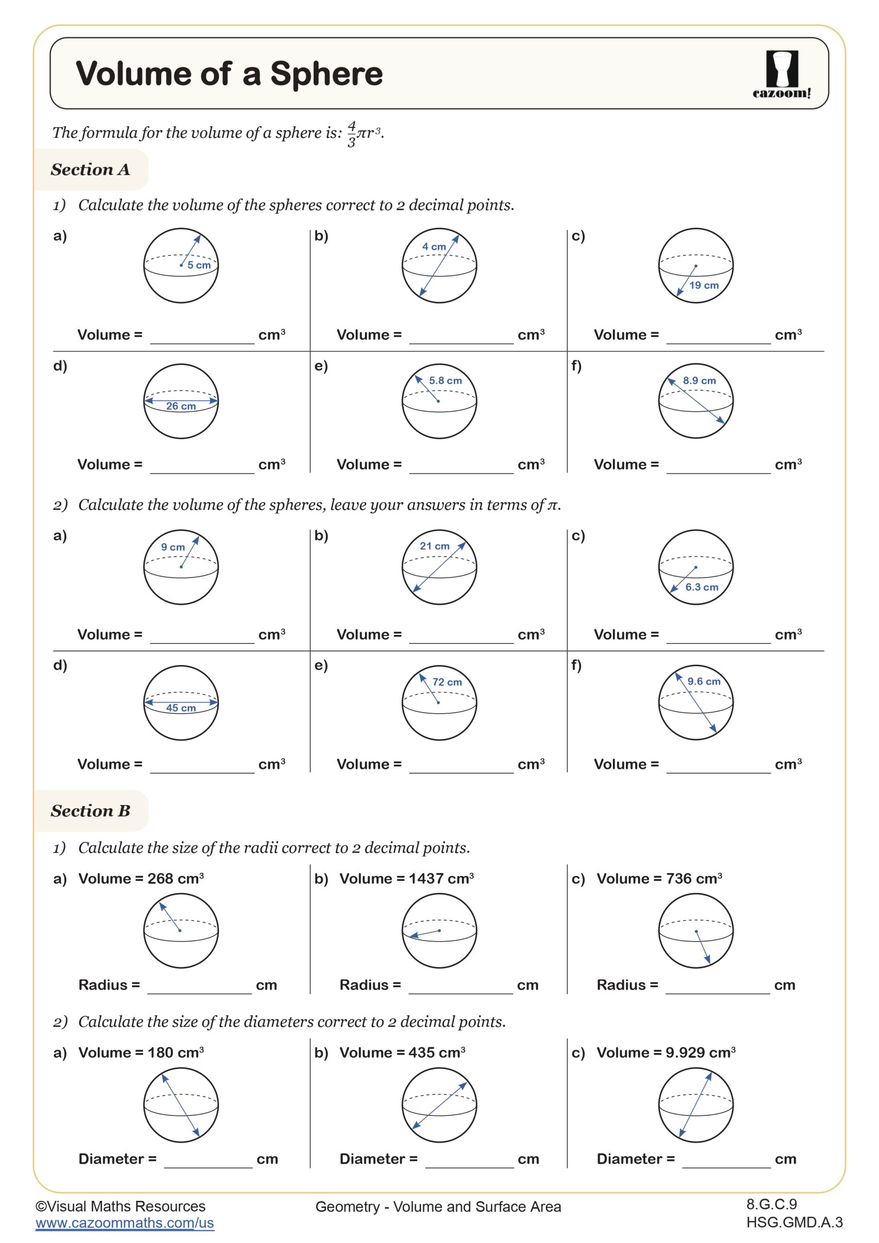 Volume of a Sphere Worksheet | Fun and Engaging 8th Grade Math I Geometry Worksheet | Cazoom Math