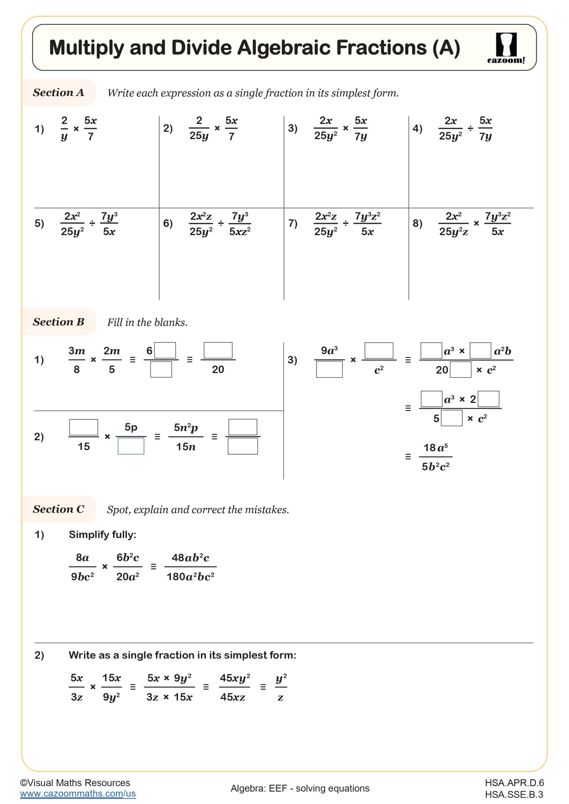 Multiply and Divide Algebraic Fractions (A) Worksheet | Fun and ...