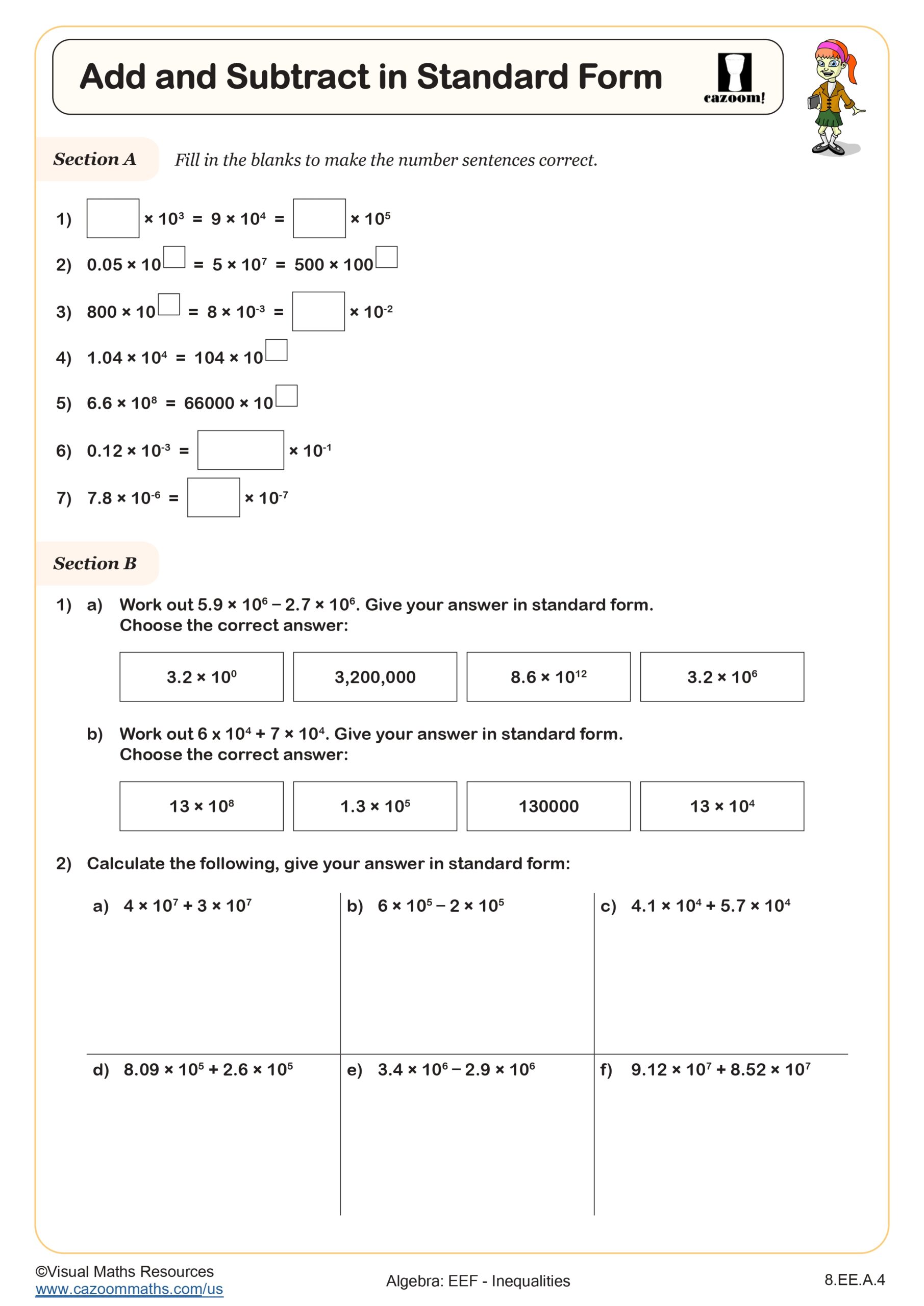 Add and Subtract in Standard Form Worksheet | Fun and Engaging 8th ...
