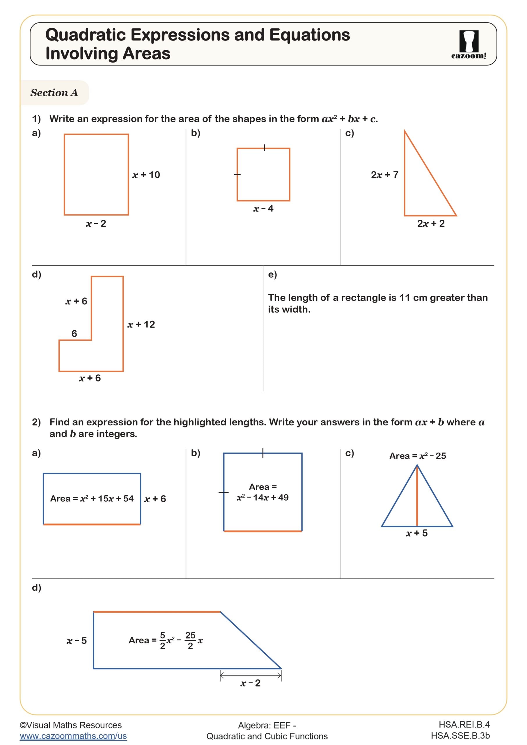 Quadratic Expressions and Equations Involving Areas Worksheet | Fun and ...
