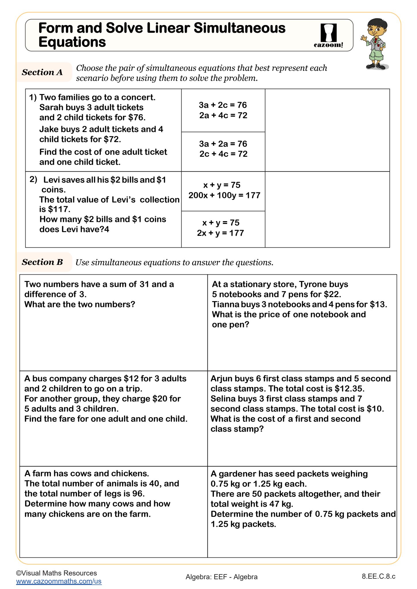 Form and Solve Linear Simultaneous Equations Worksheet | Fun and ...