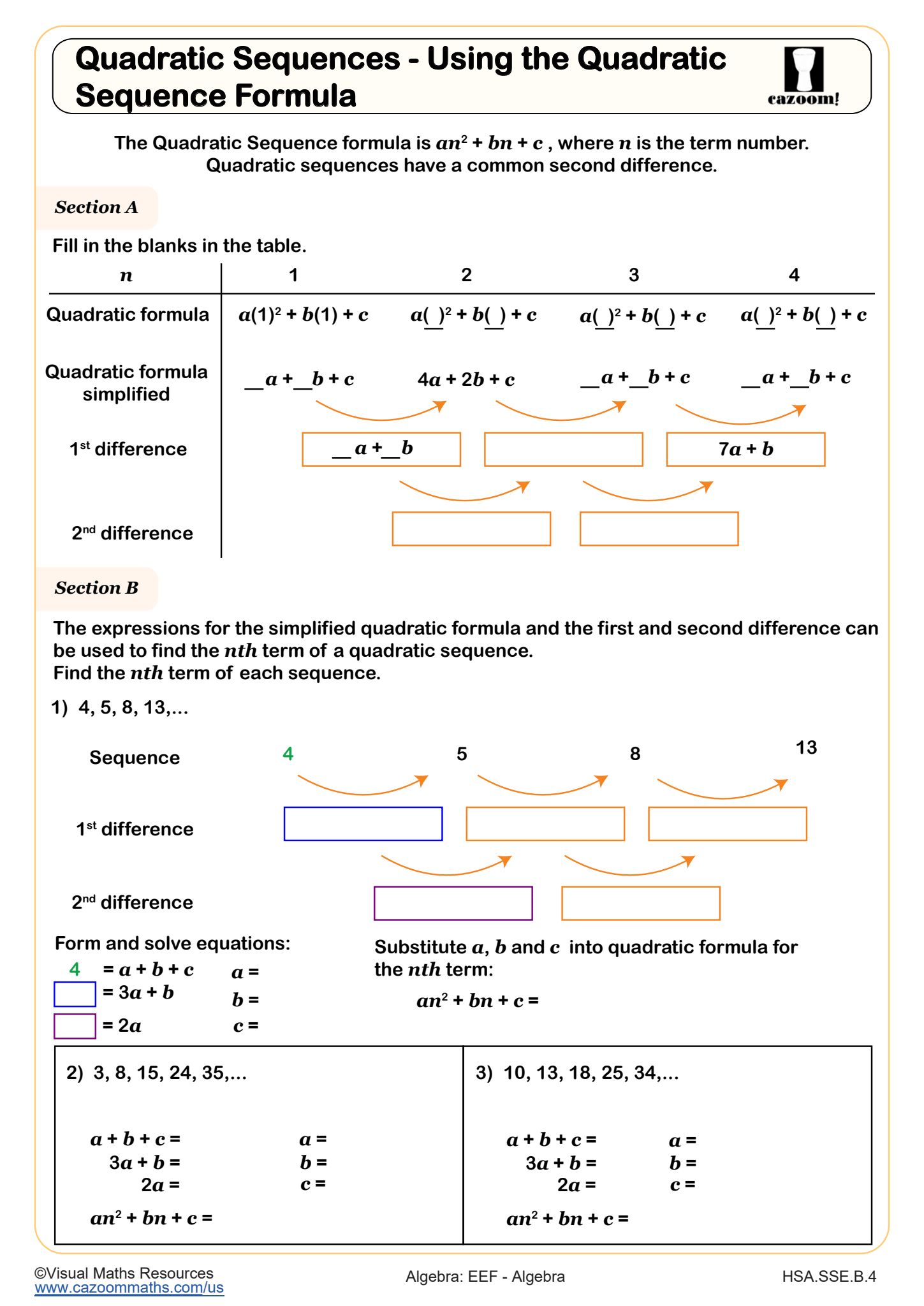 Quadratic Sequences - Using the Quadratic Sequence Formula Worksheet ...