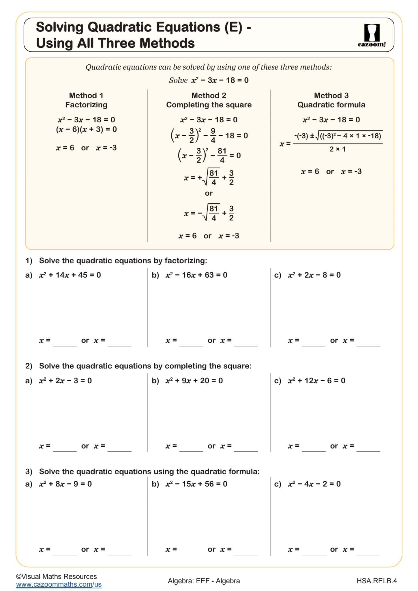 Solving Quadratic Equations (E) - Using all Three Methods Worksheet | Fun and Engaging Algebra ...