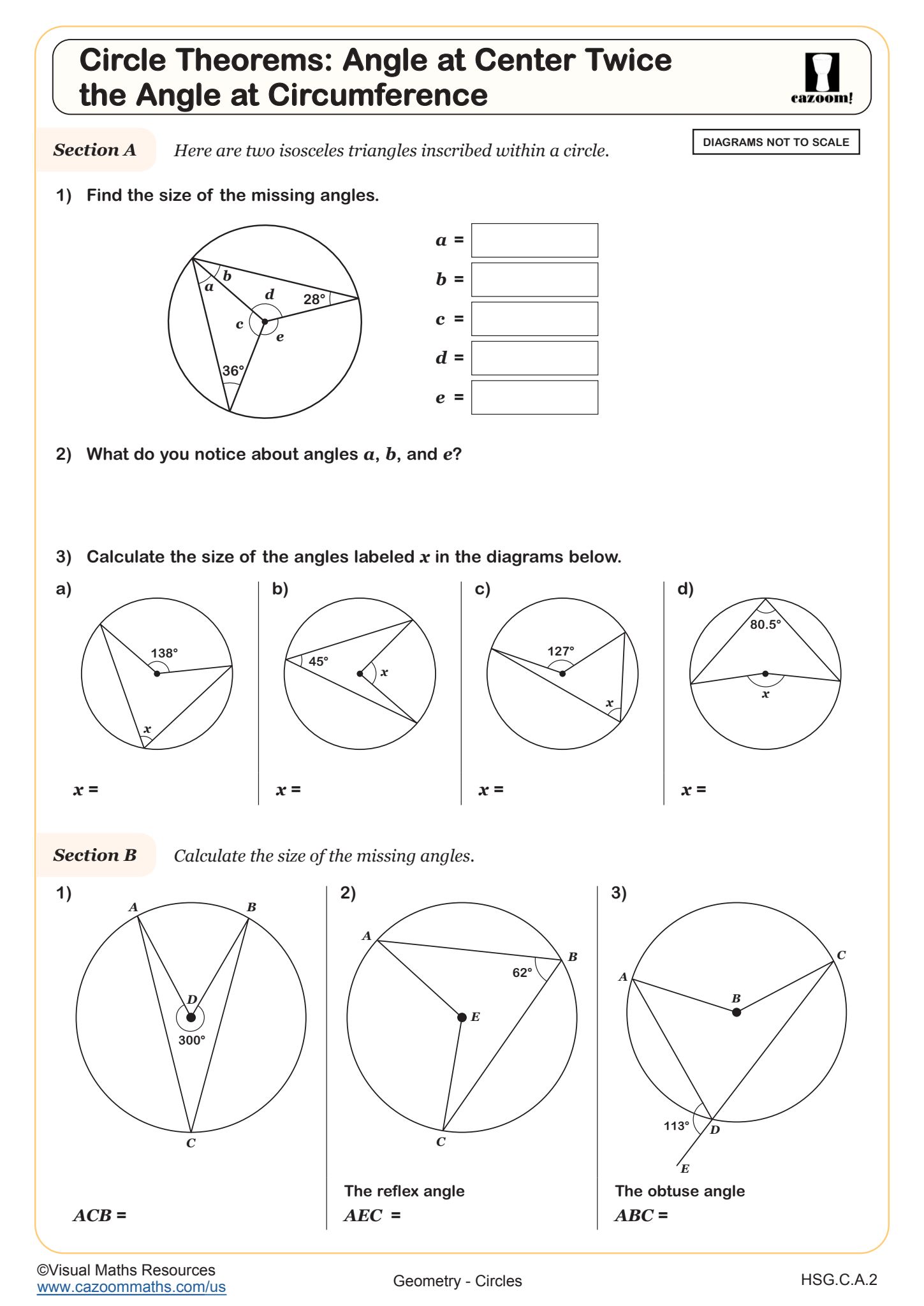 Circle Theorems: Angle at Center Twice the Angle at Circumference Worksheet | Fun and Engaging ...