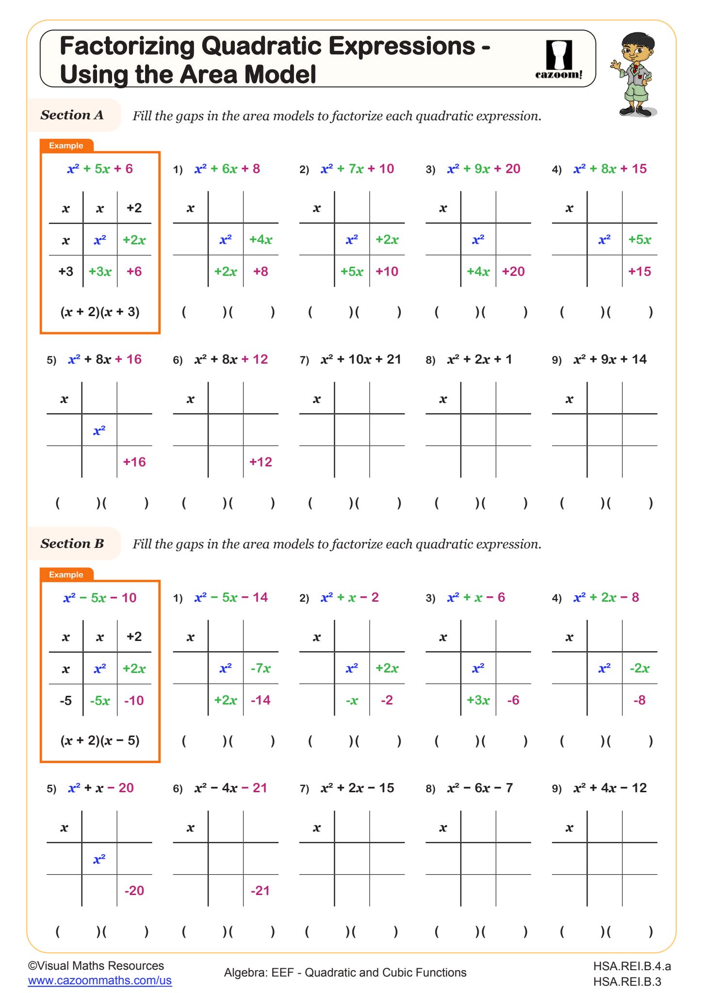 Factorising Quadratic Expressions Using The Area Model Worksheet