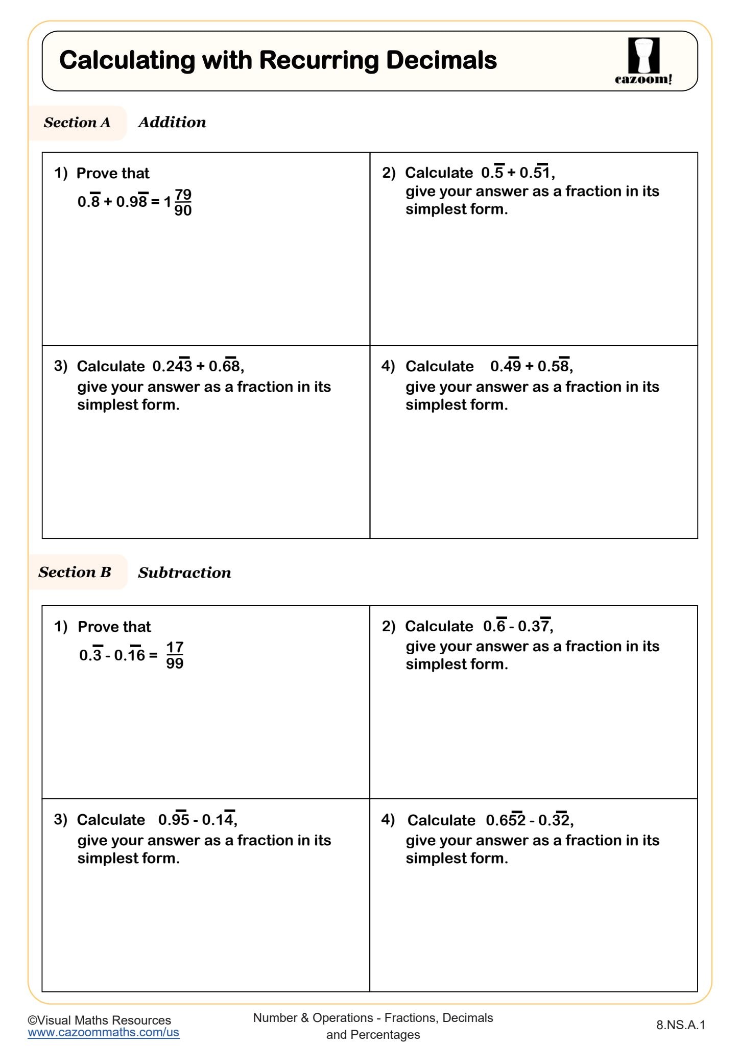 Calculating with Recurring Decimals Worksheet | Fun and Engaging 8th ...