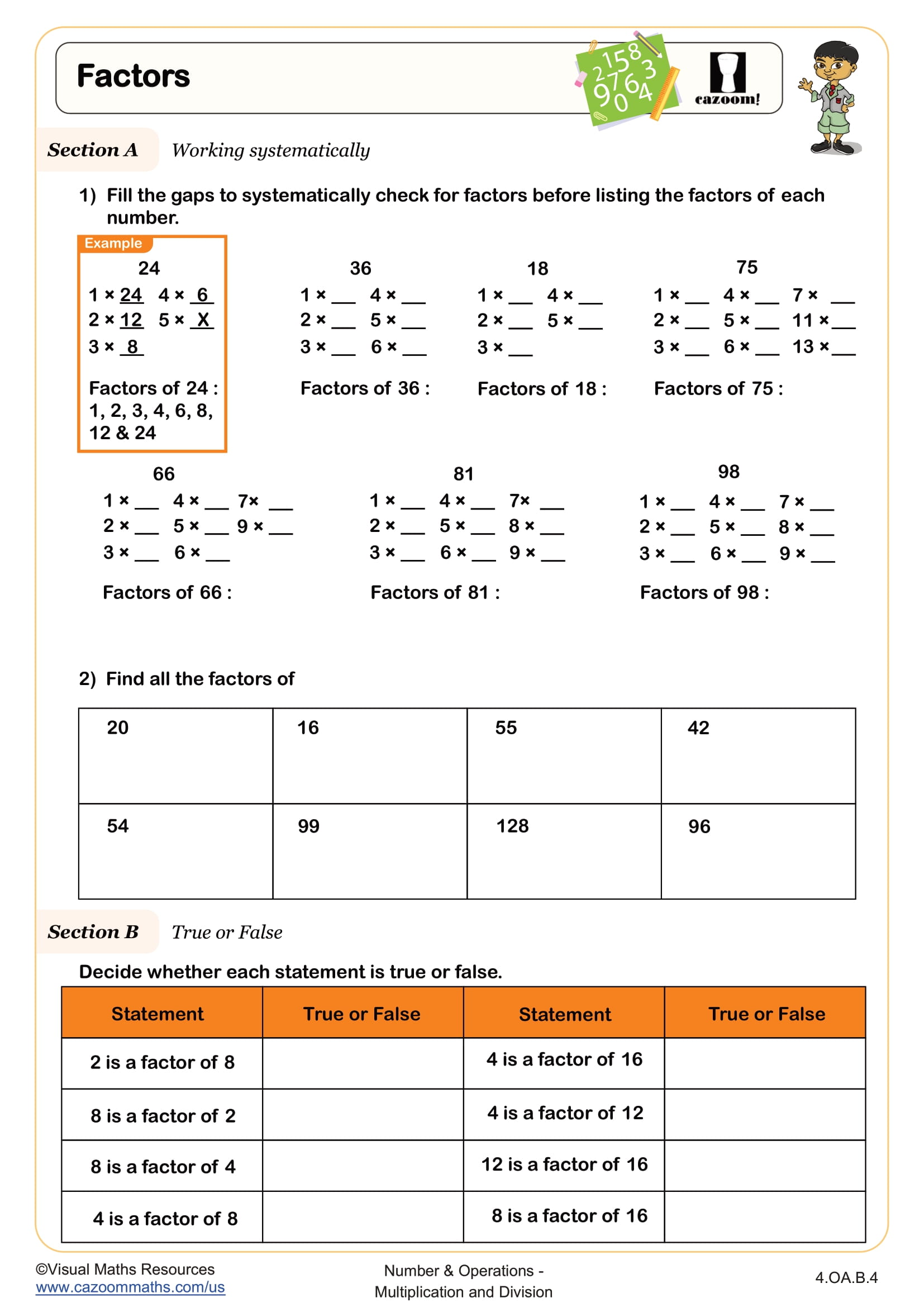 Factors Worksheet | Fun and Engaging 4th Grade Number and Operations ...