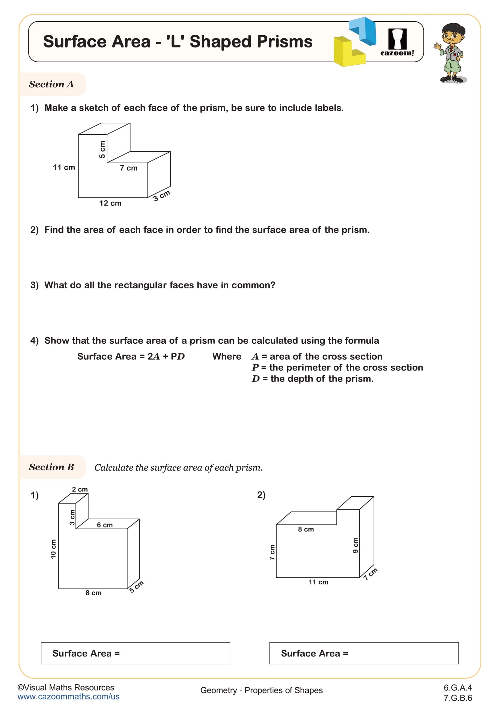 Surface Area - 'L' Shaped Prisms Worksheet | Fun and Engaging 6th Grade ...