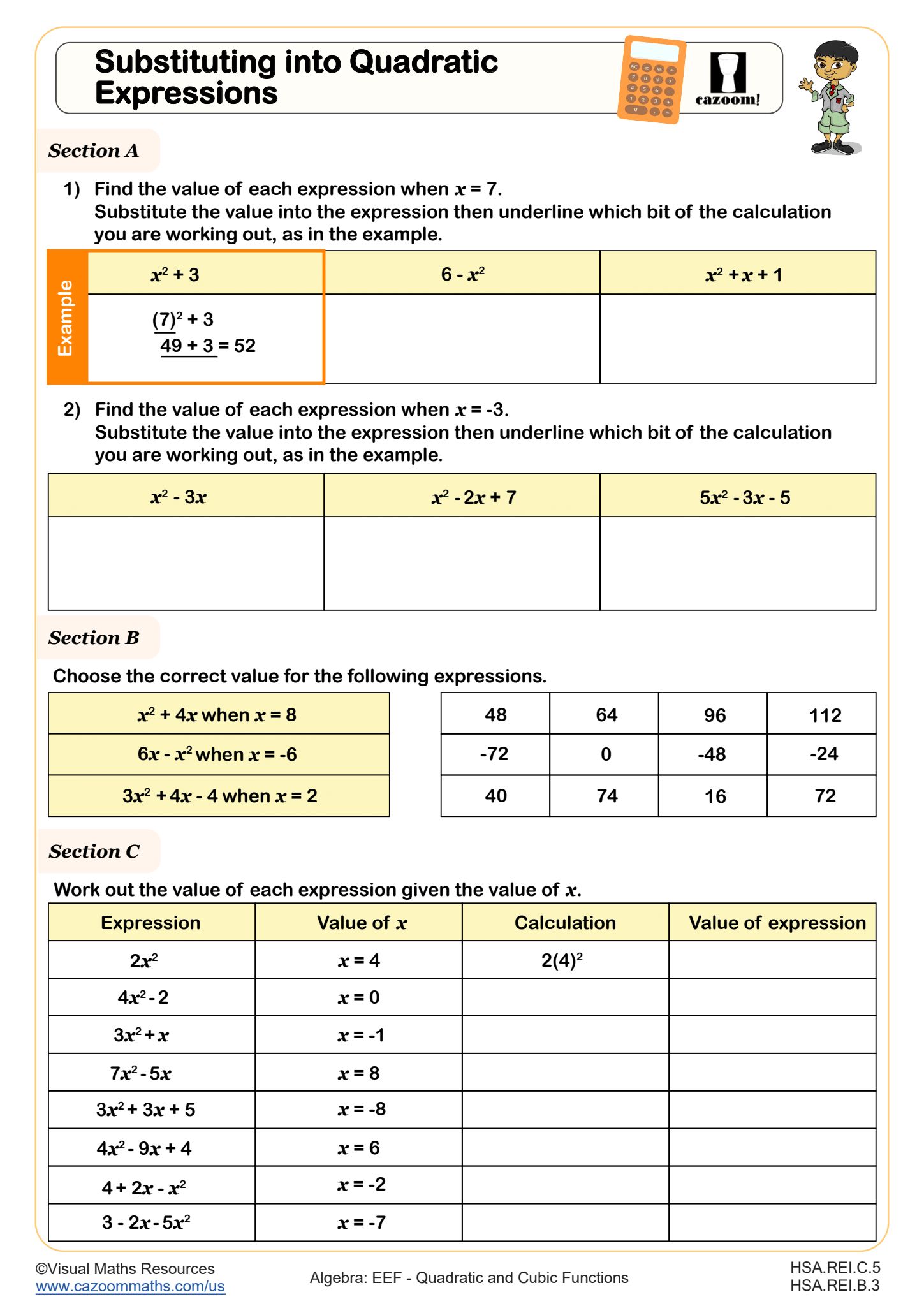 Substituting into Quadratic Expressions Worksheet | Fun and Engaging ...