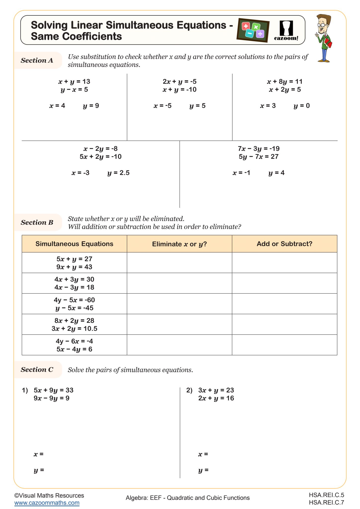 Solving Linear Simultaneous Equations - Same Coefficients Worksheet ...