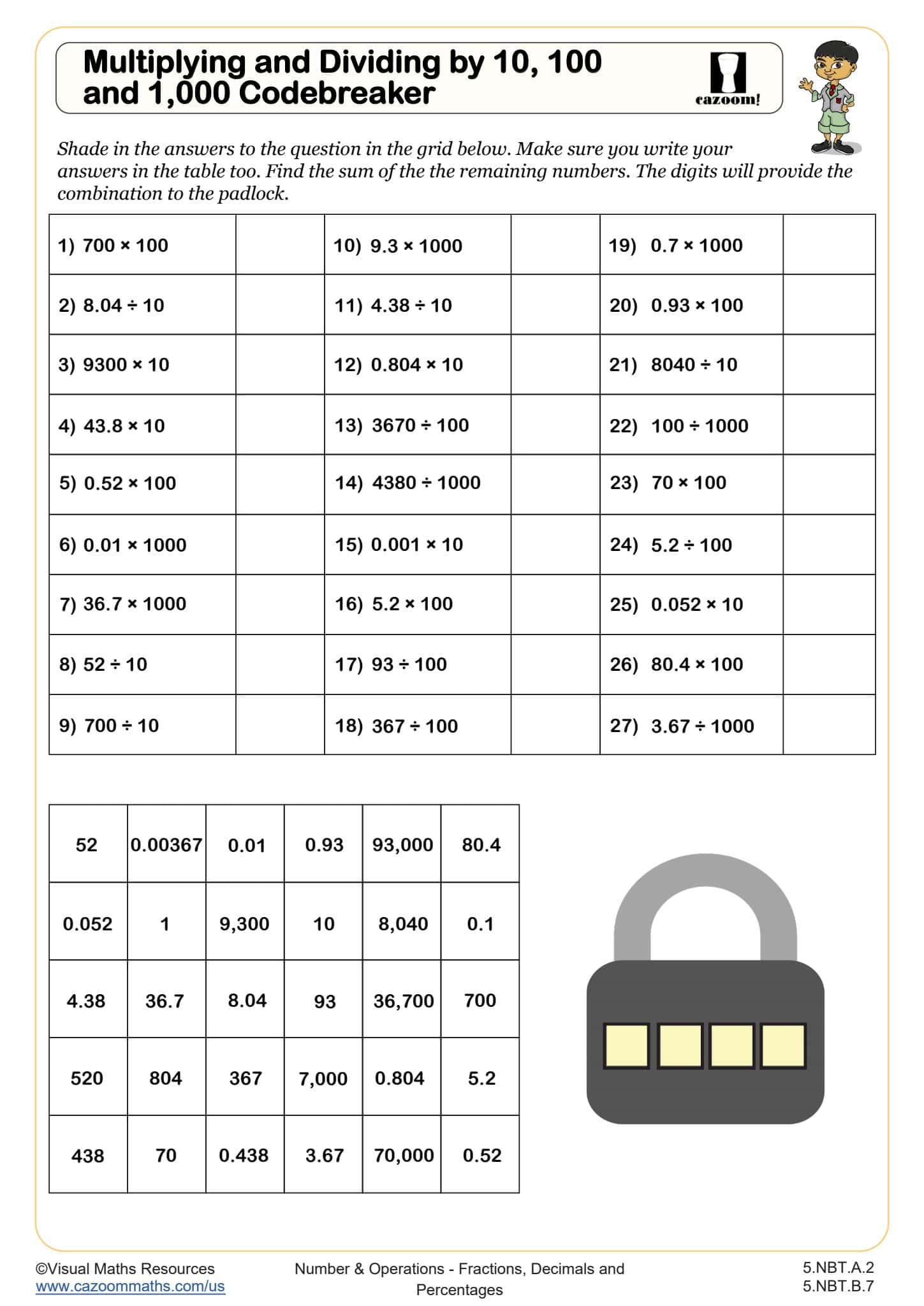 Multiplying and Dividing by 10, 100 and 1,000 Codebreaker Worksheet ...