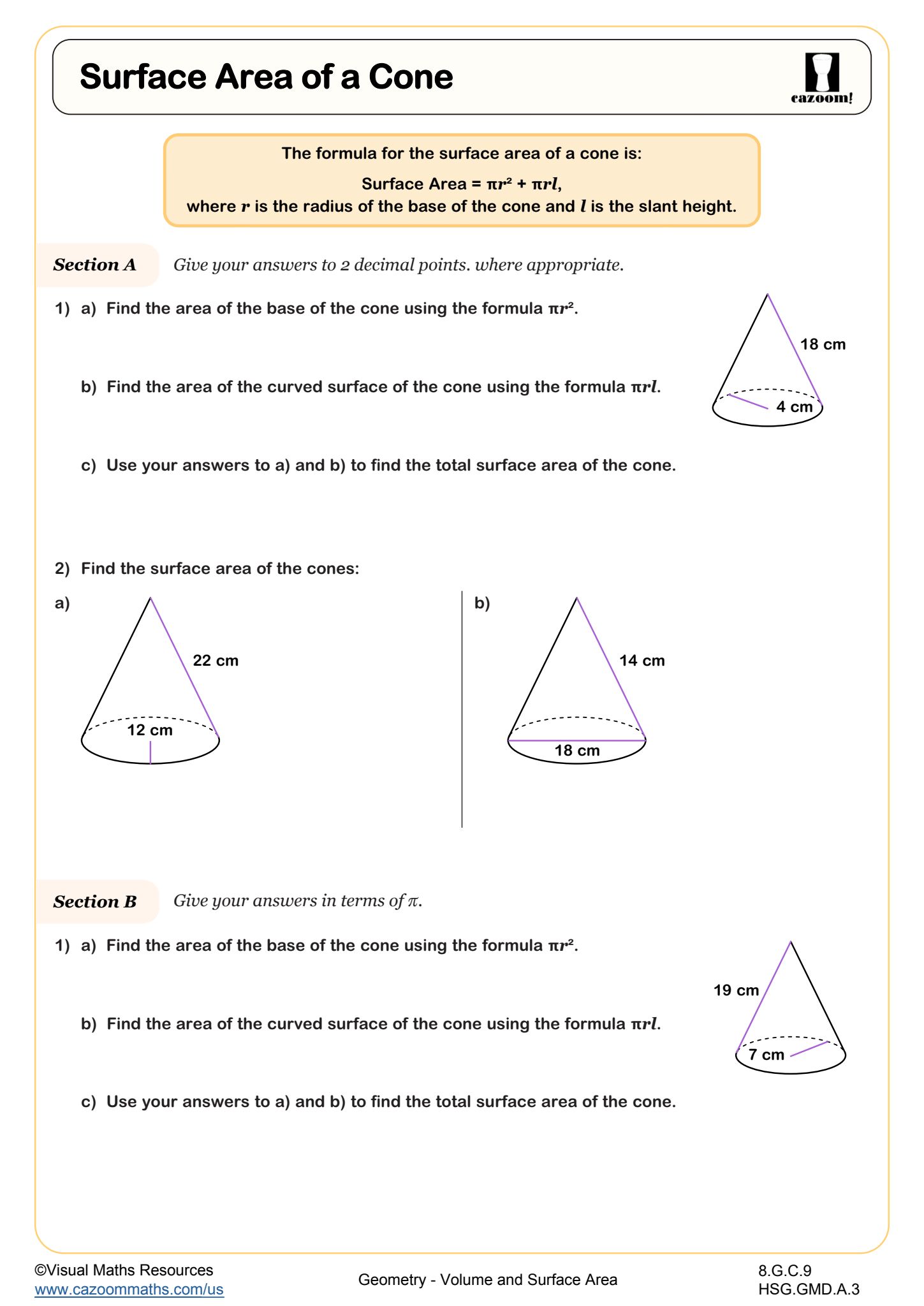 Geometry Volume and Surface Area Worksheets | PDF Printable Worksheets | Cazoom Math