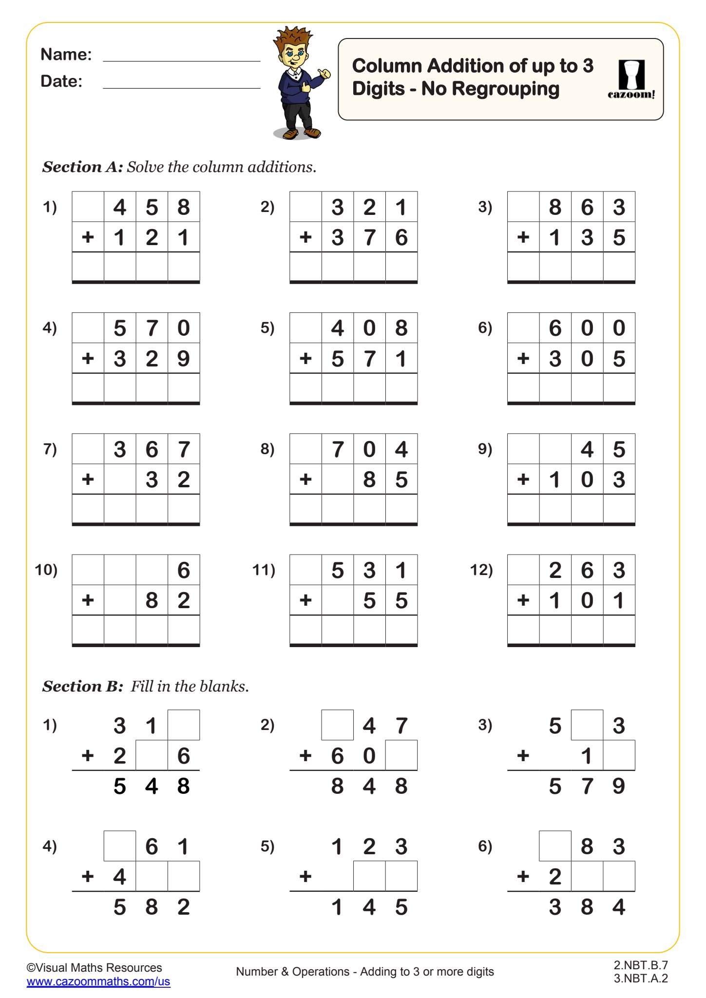 Column Addition of up to 3 Digits - No Regrouping Worksheet | Fun and ...
