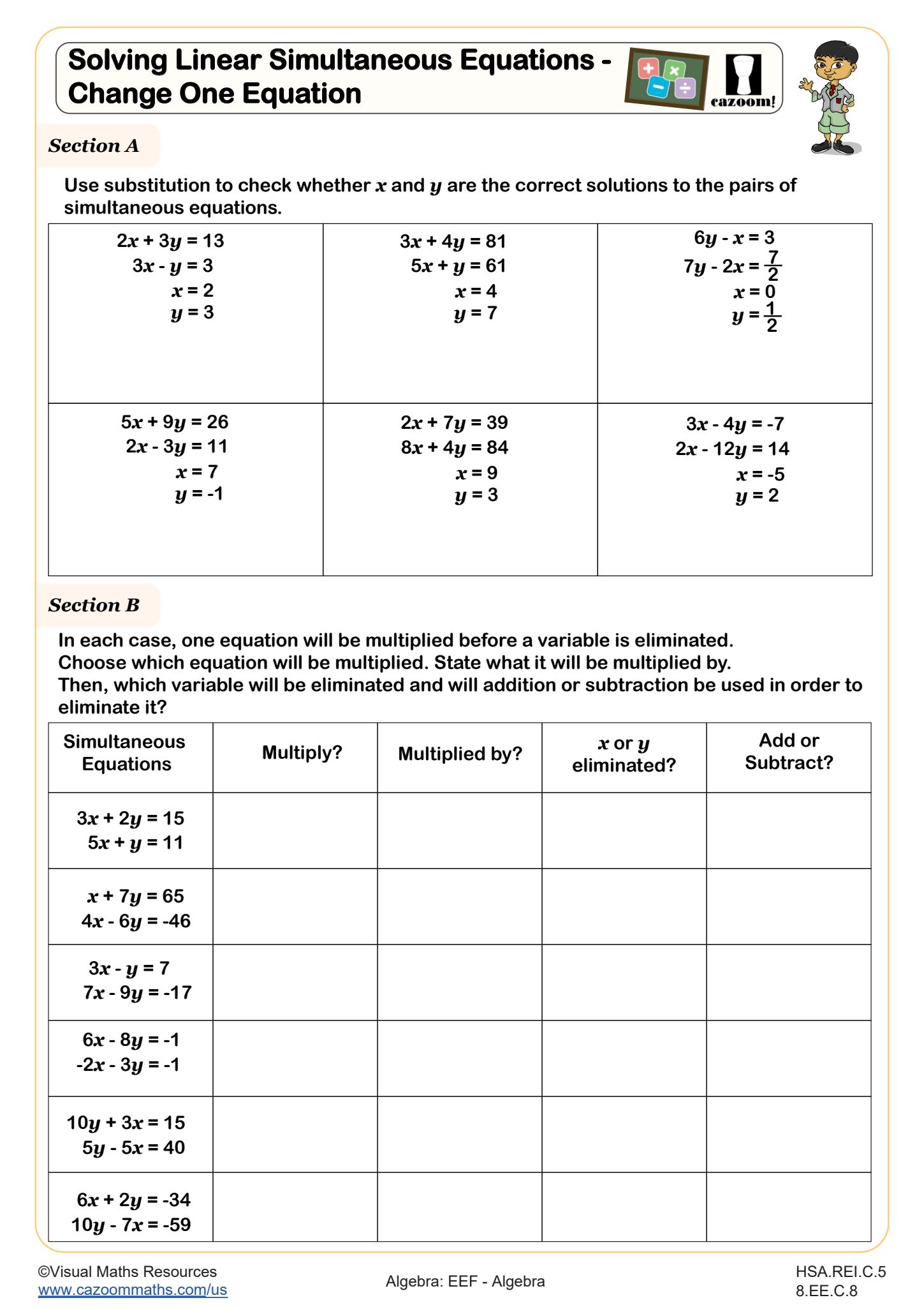 Solving Linear Simultaneous Equations - Change One Equation Worksheet ...