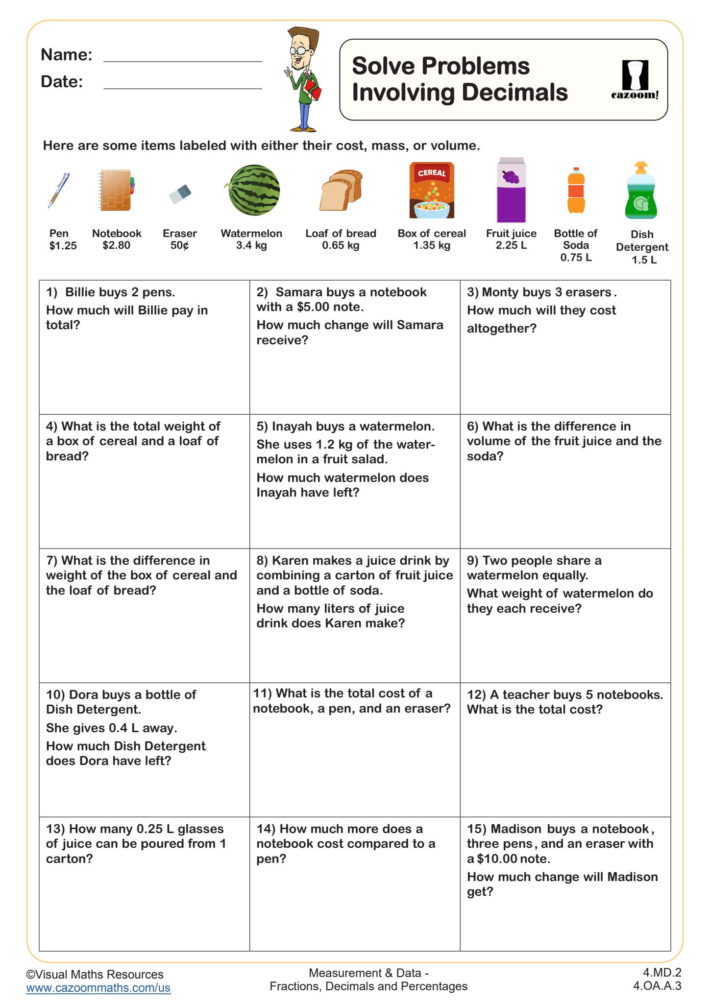 Solve Problems Involving Decimals Worksheet | Fun and Engaging 4th ...