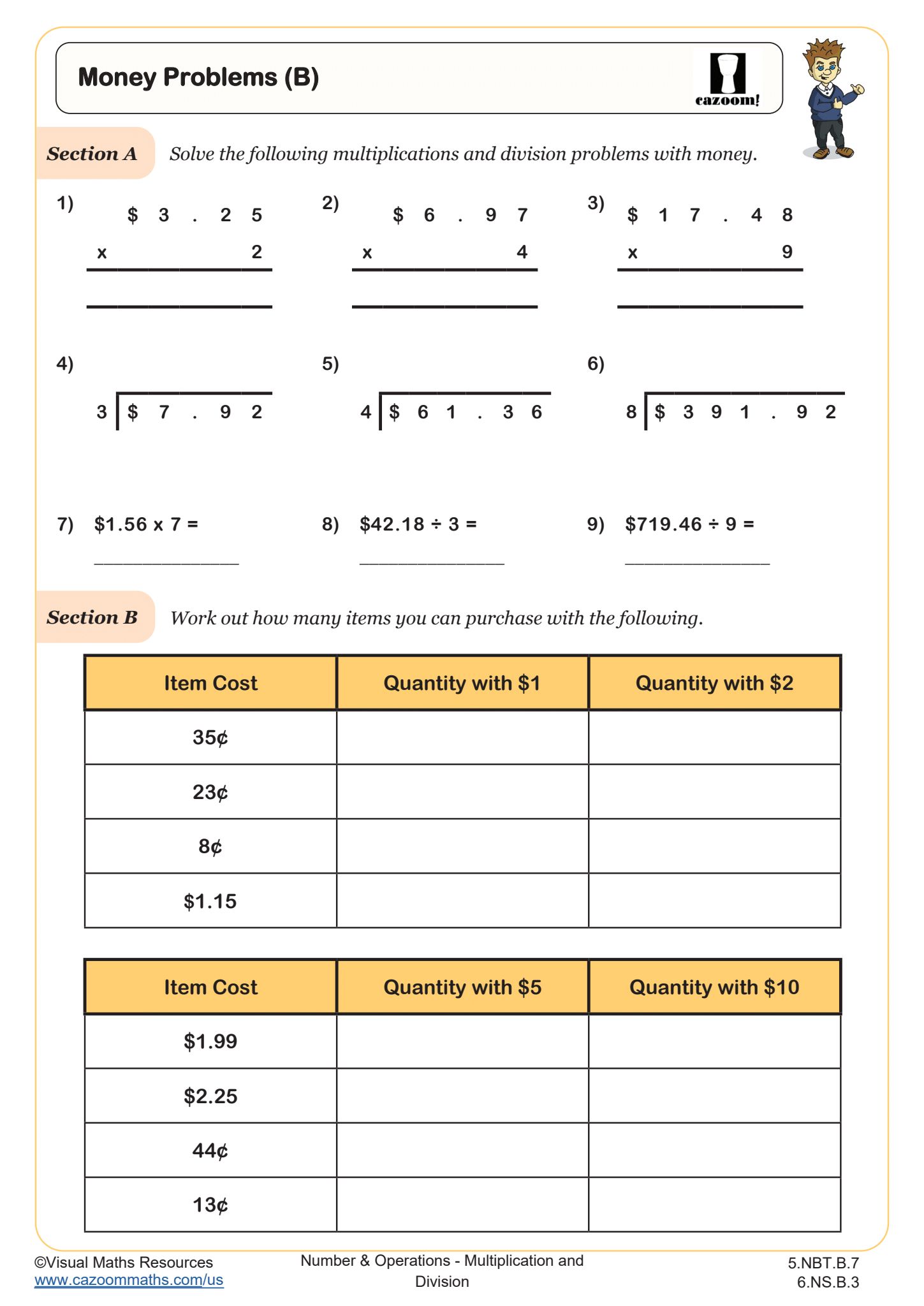 Money Problems B Worksheet | Fun and Engaging 5th Grade and 6th Grade ...