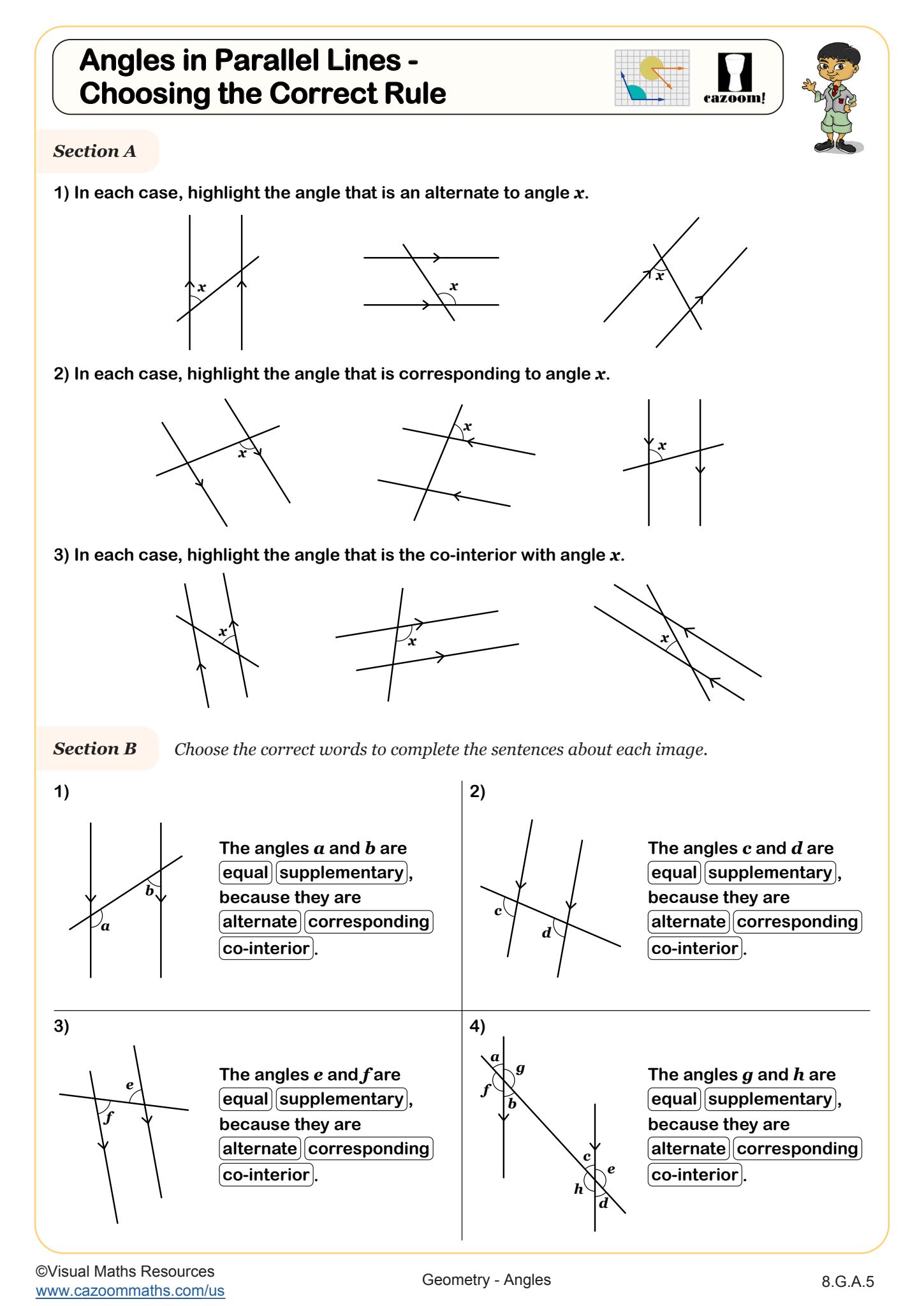 Angles in Parallel Lines - Choosing the Correct Rule Worksheet | Fun ...