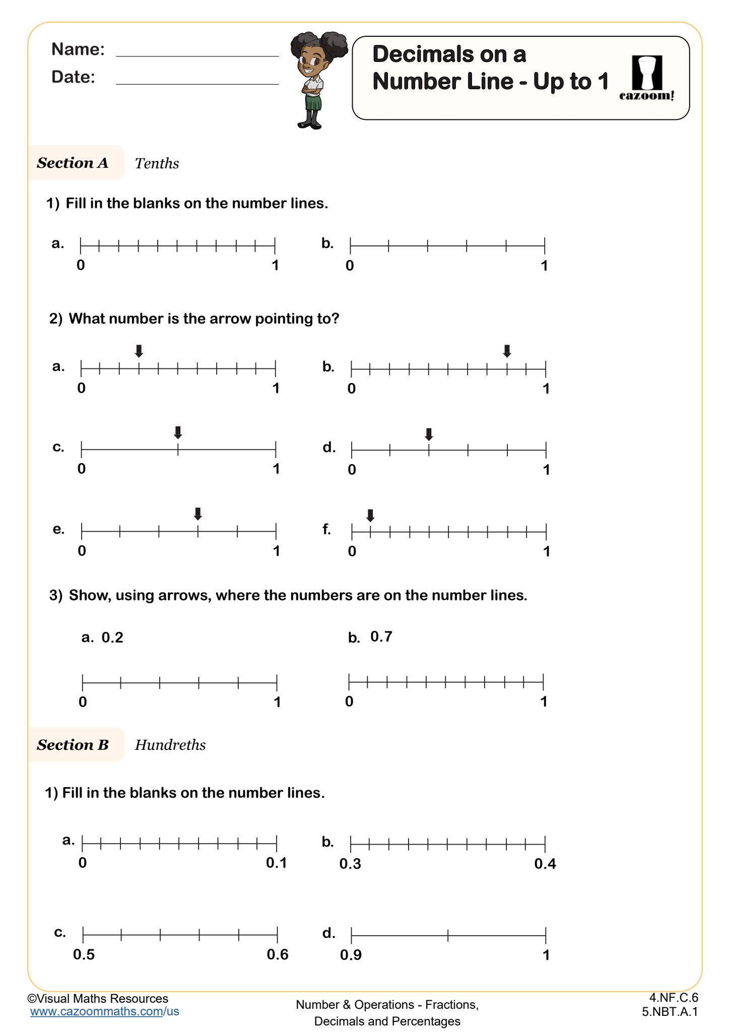 Decimals on a Number Line - Up to 1 Worksheet | Fun and Engaging 4th ...