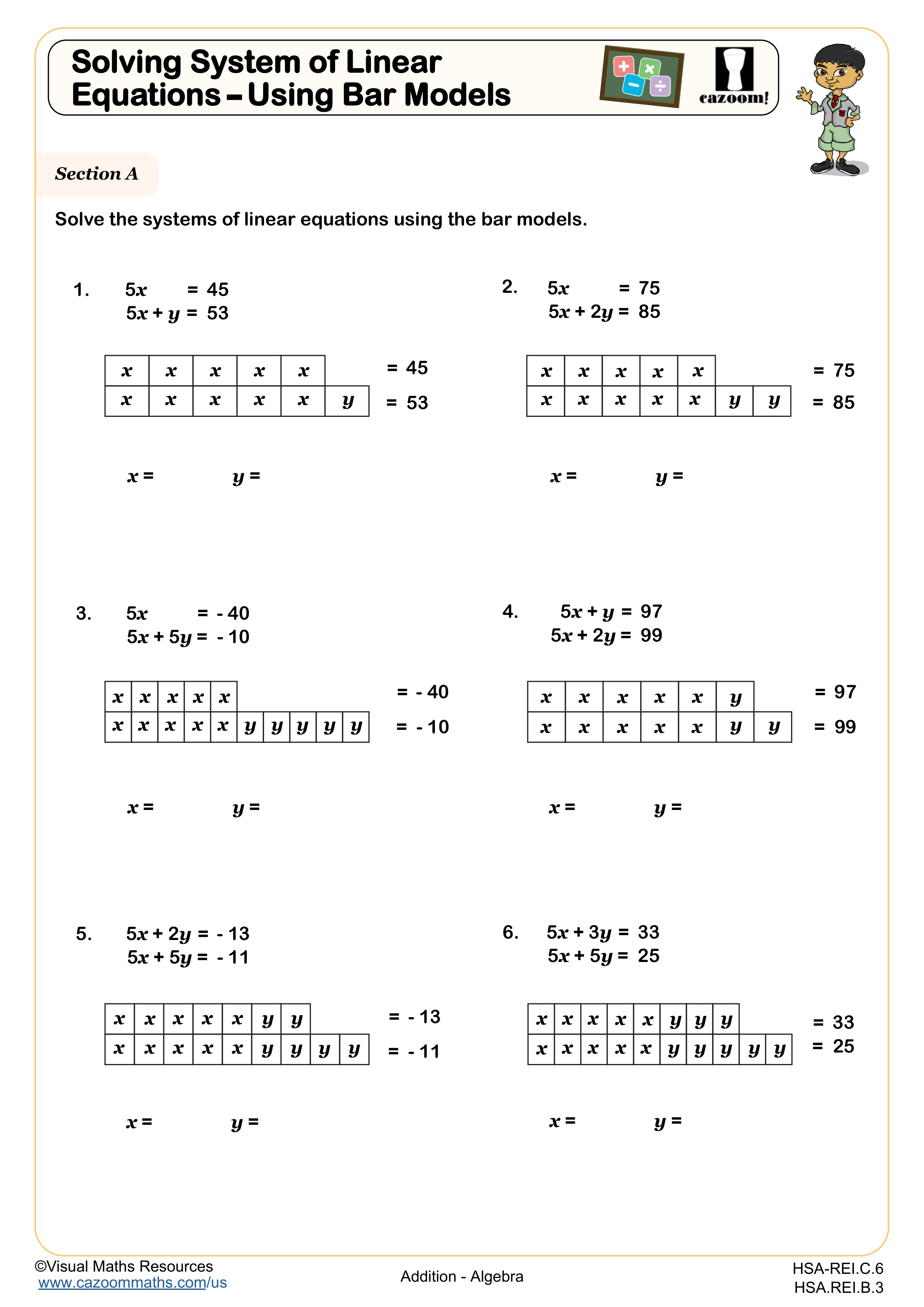 Solving Systems of Linear Equations – Using Bar Models Worksheet | Fun ...