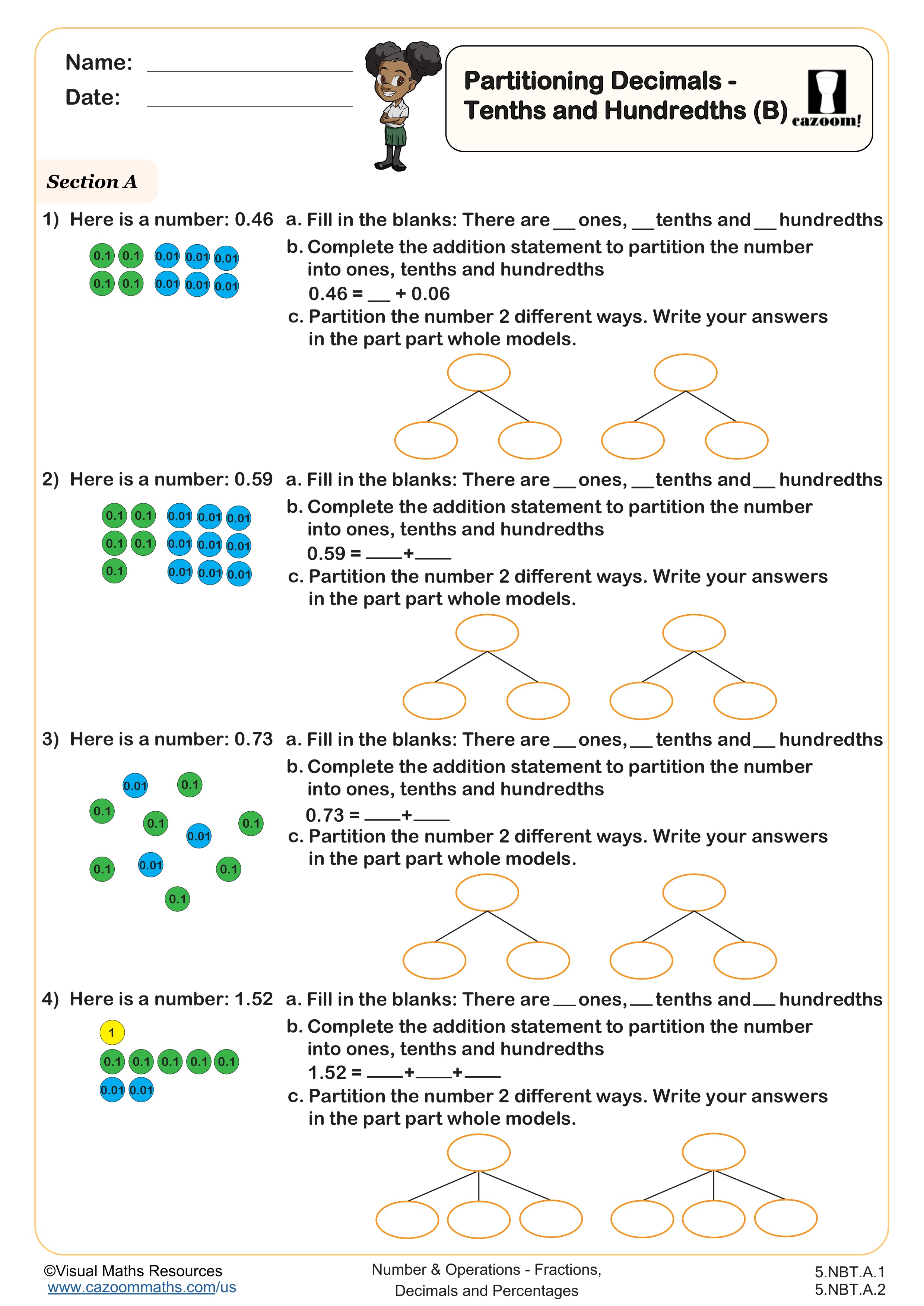 Partitioning Decimals – Tenths and Hundredths (B) Worksheet | Fun and ...