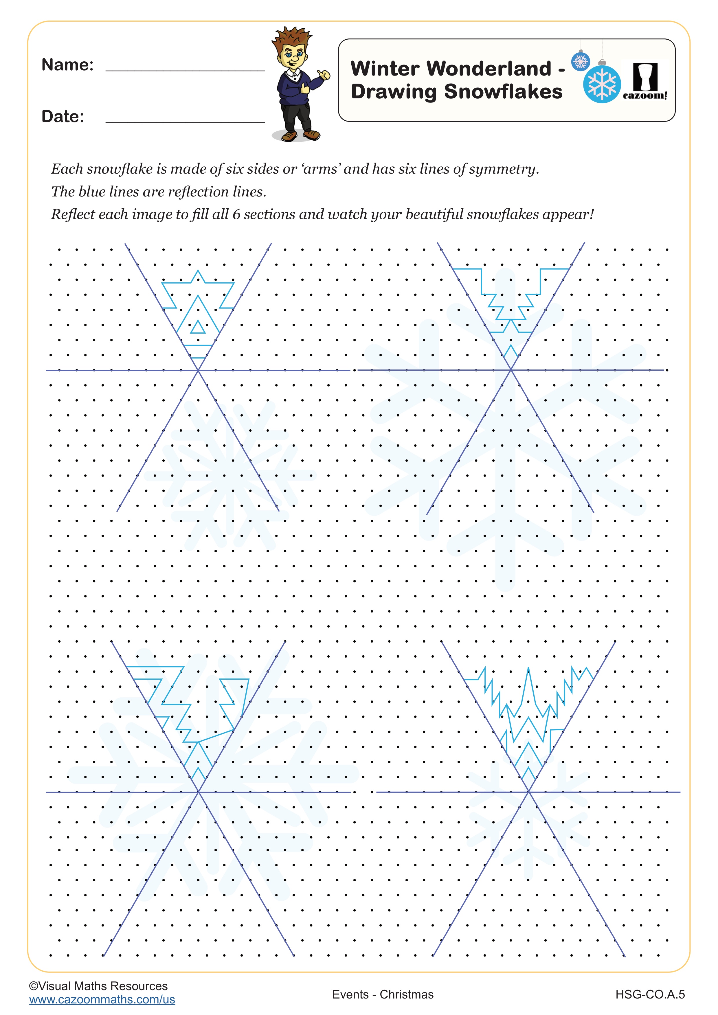 Drawing Snowflakes Worksheet | Printable PDF Geometry Christmas ...