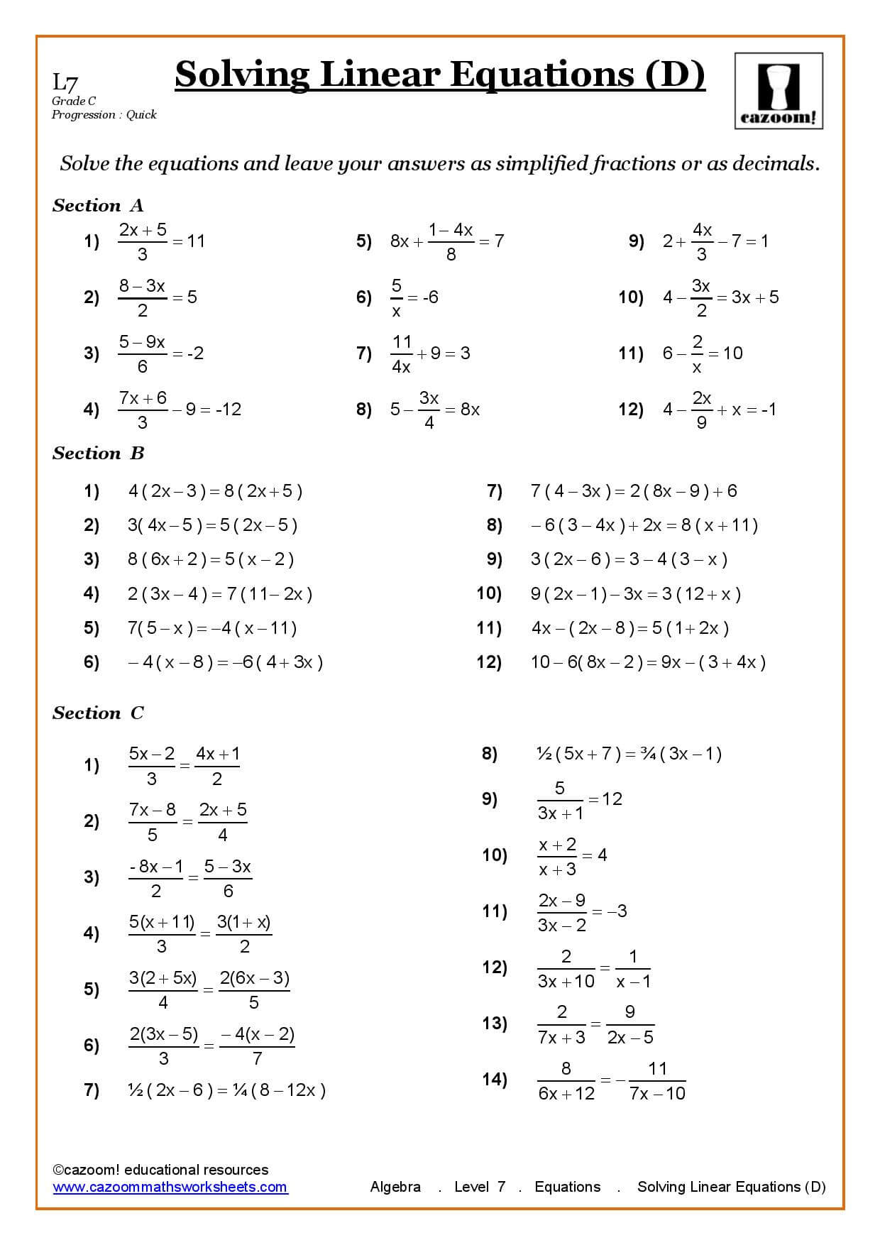 Solving Linear Equations Worksheet