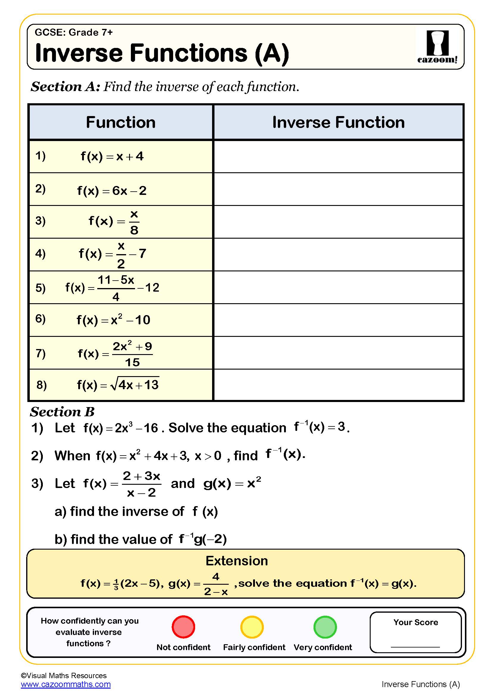 Functions Worksheets Inverse Functions Worksheet Printable GCSE