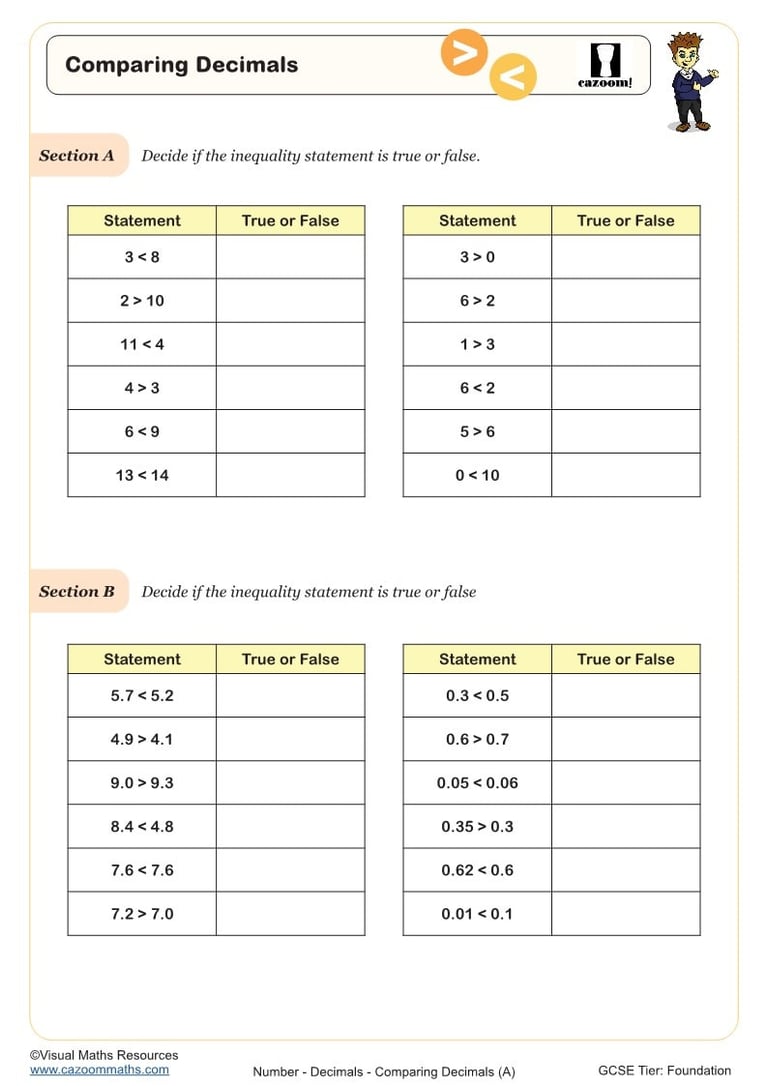 Comparing Decimals Worksheet | PDF Printable Worksheet