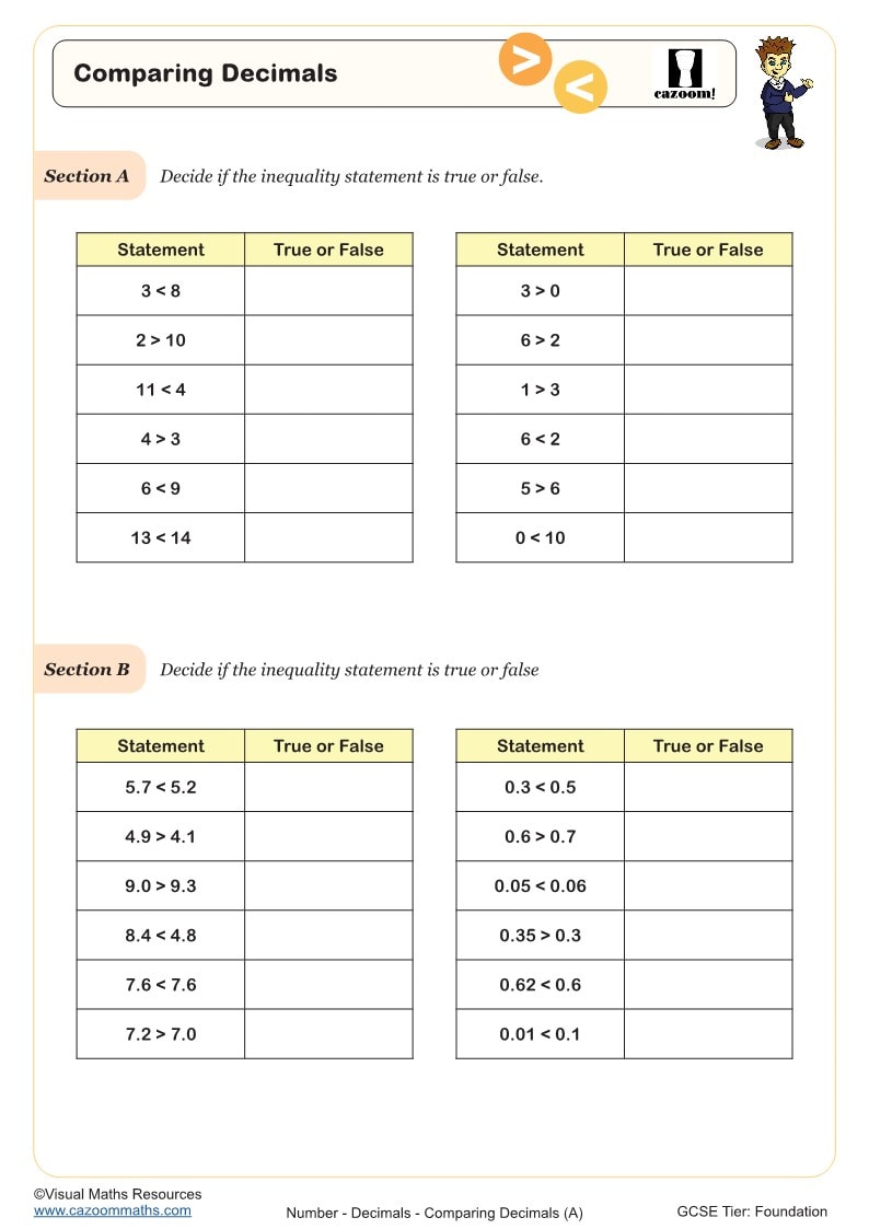Comparing Decimals Worksheet | PDF Printable Worksheet