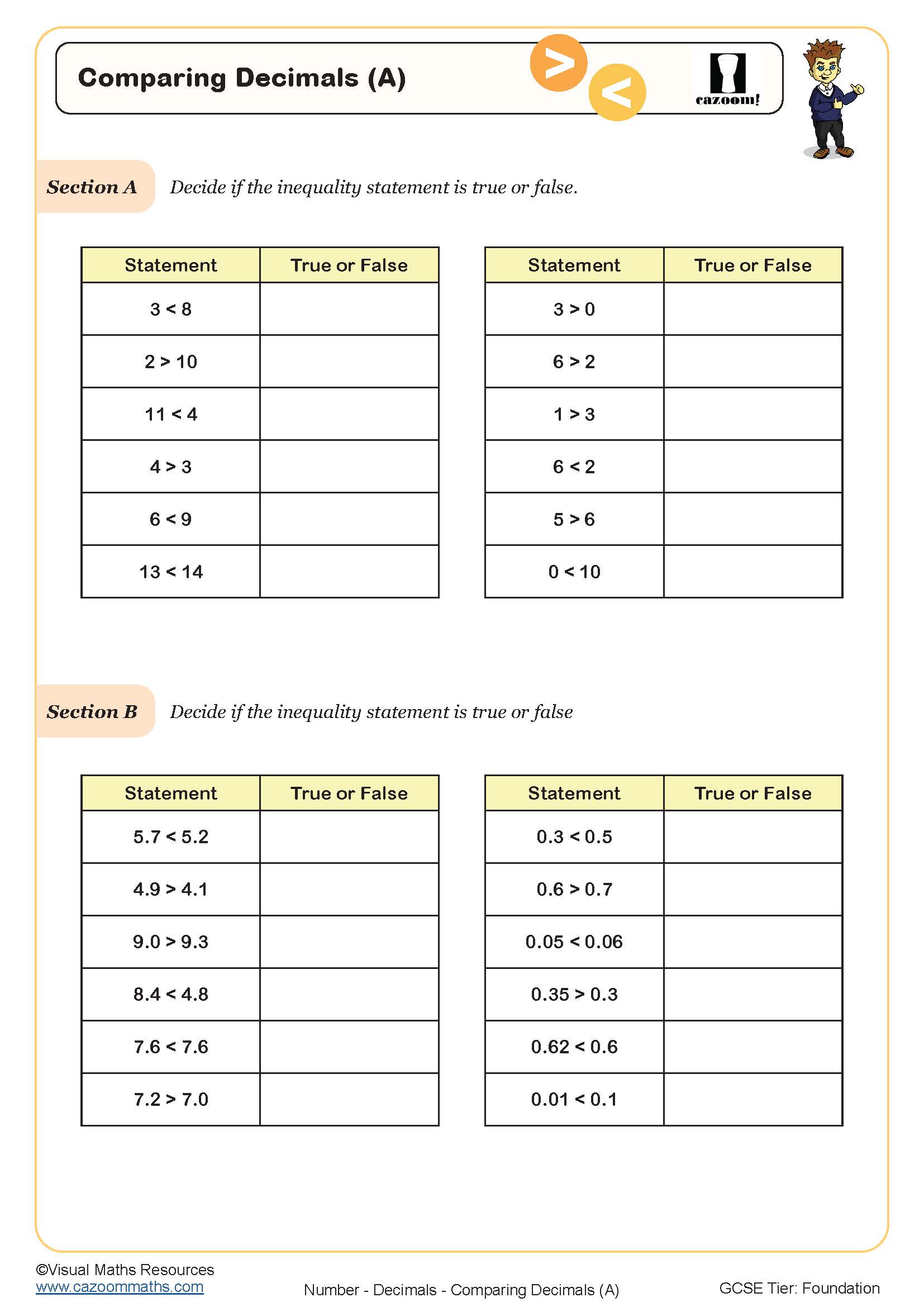 Comparing Decimals Worksheet PDF Printable Worksheet