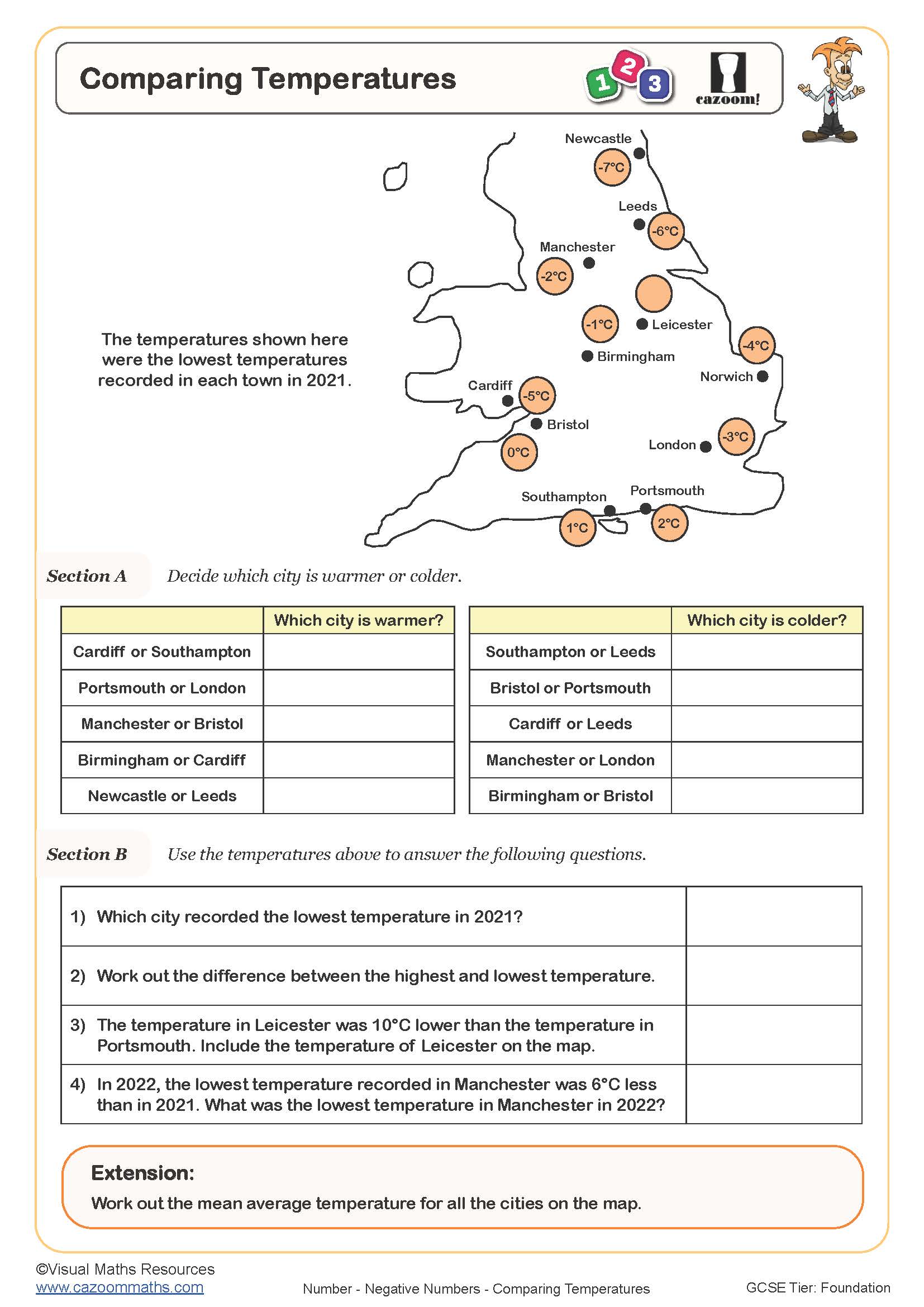 Comparing Temperatures Worksheet Cazoom Maths Worksheets