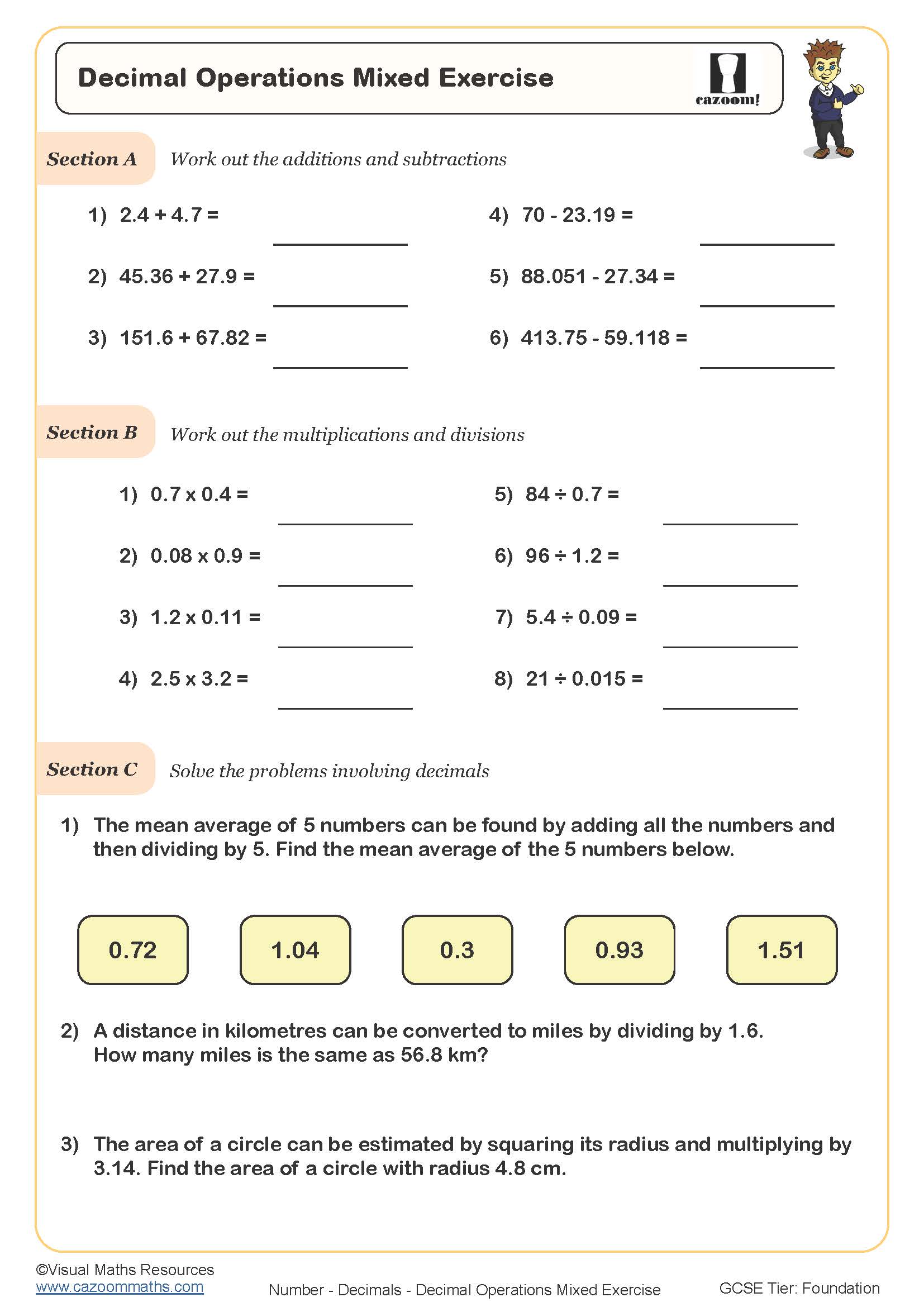 Decimal Operations Ten Minute Challenge Worksheet | PDF Printable Worksheet