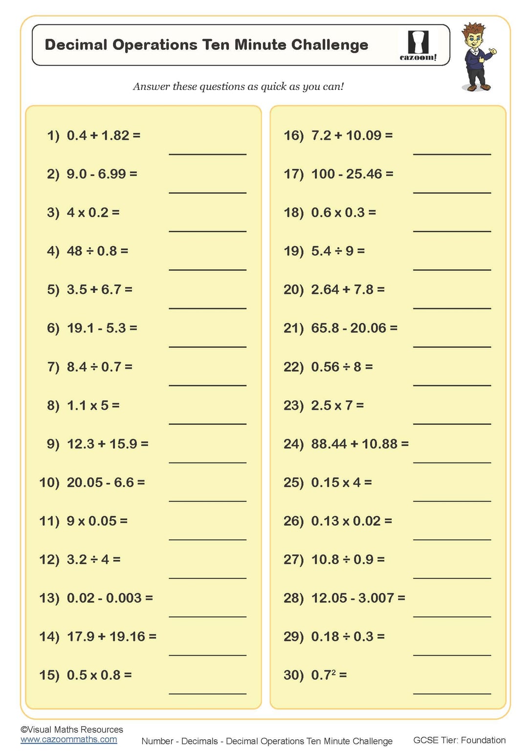 Decimal Operations Ten Minute Challenge Worksheet PDF Printable Worksheet