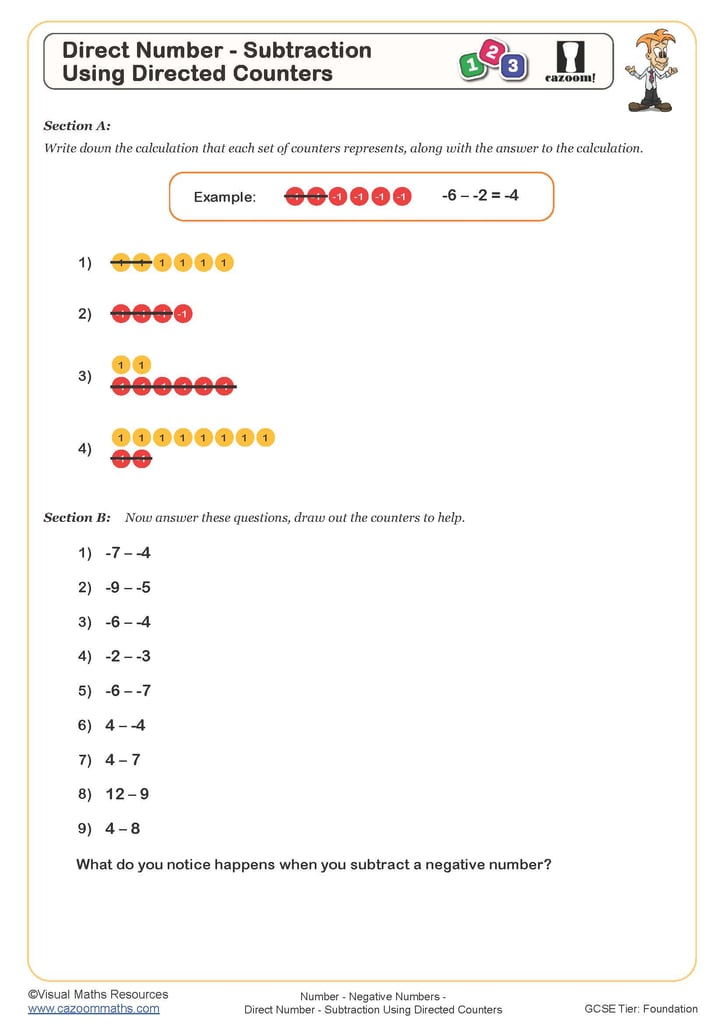 Directed Number - Addition Using Directed Counters Worksheet | Cazoom ...