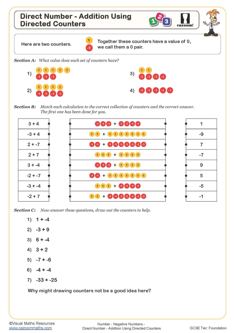 Directed Number - Addition Using Directed Counters Worksheet | Cazoom ...
