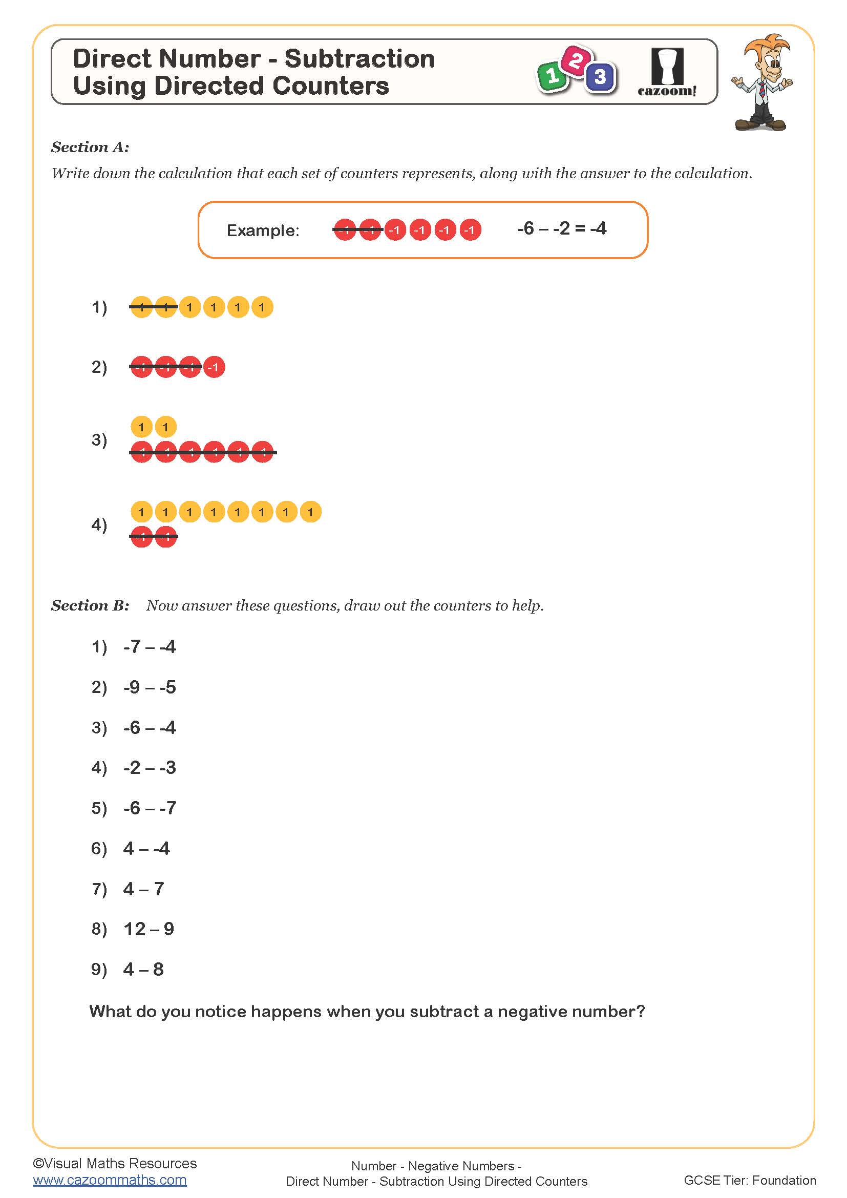 Directed Number - Subtraction Using Directed Counters Worksheet | Printable PDF Worksheets