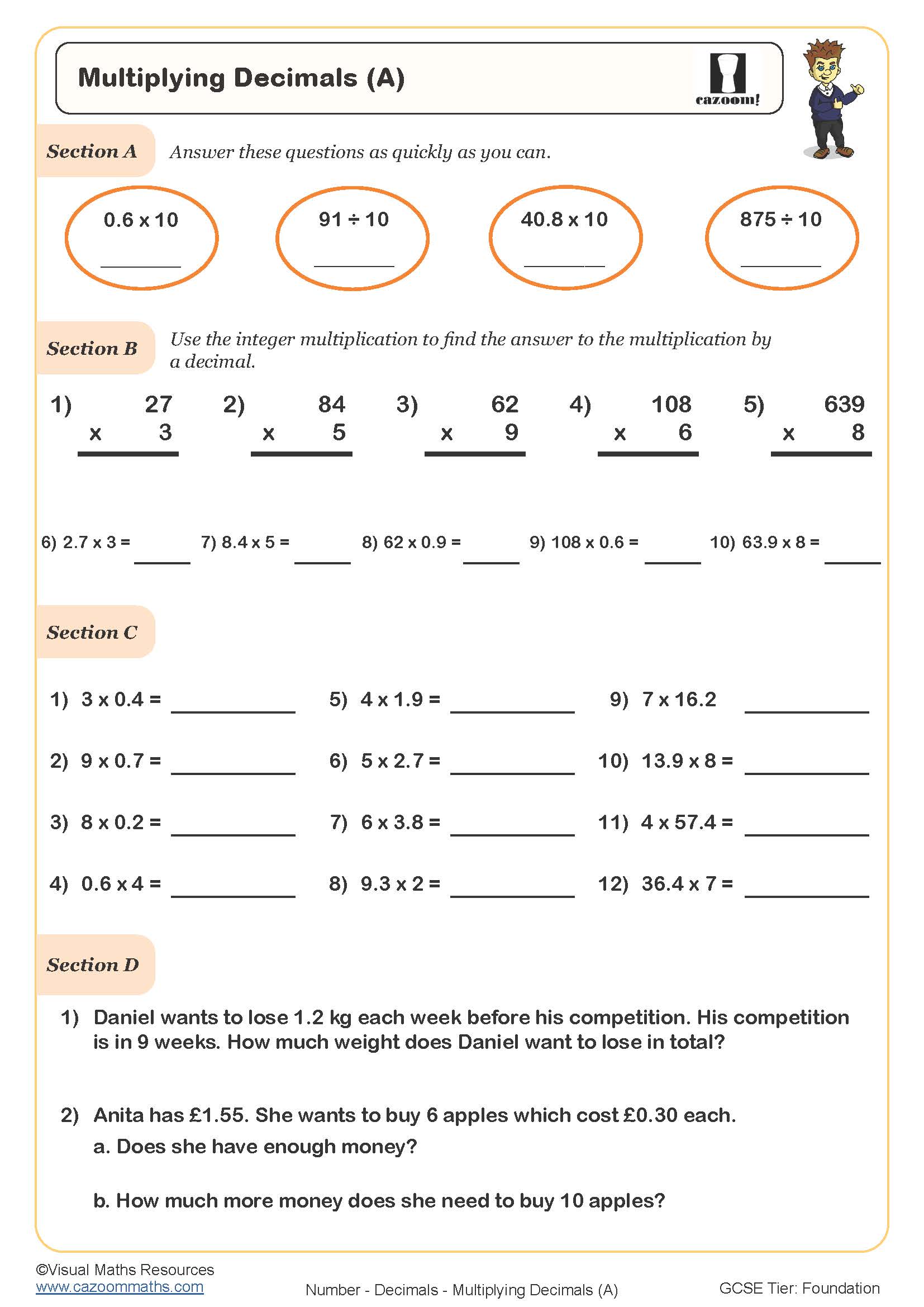 Multiplying and Dividing Decimals Worksheet | Cazoom Maths Worksheets