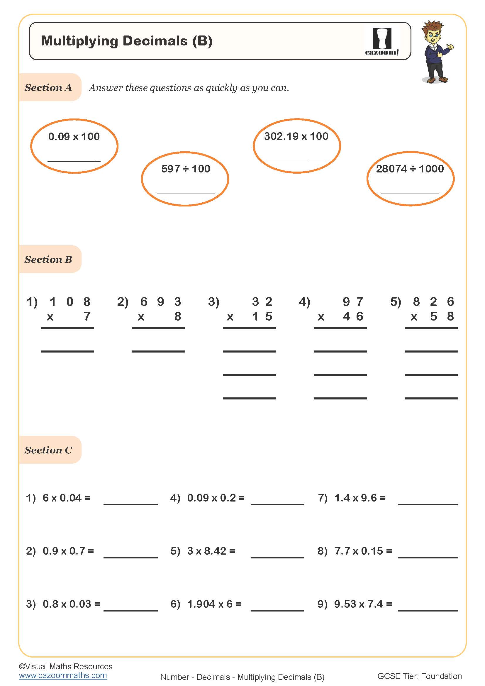 Multiplying and Dividing Decimals Worksheet | Cazoom Maths Worksheets